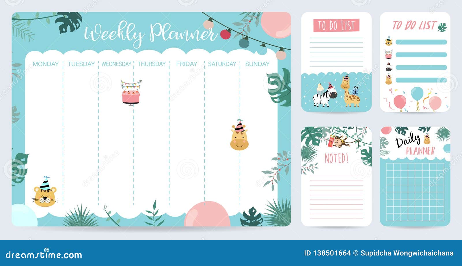 Pastel Weekly Planner with Cake,tiger,giraffe,monkey,leaf Stock Vector ...