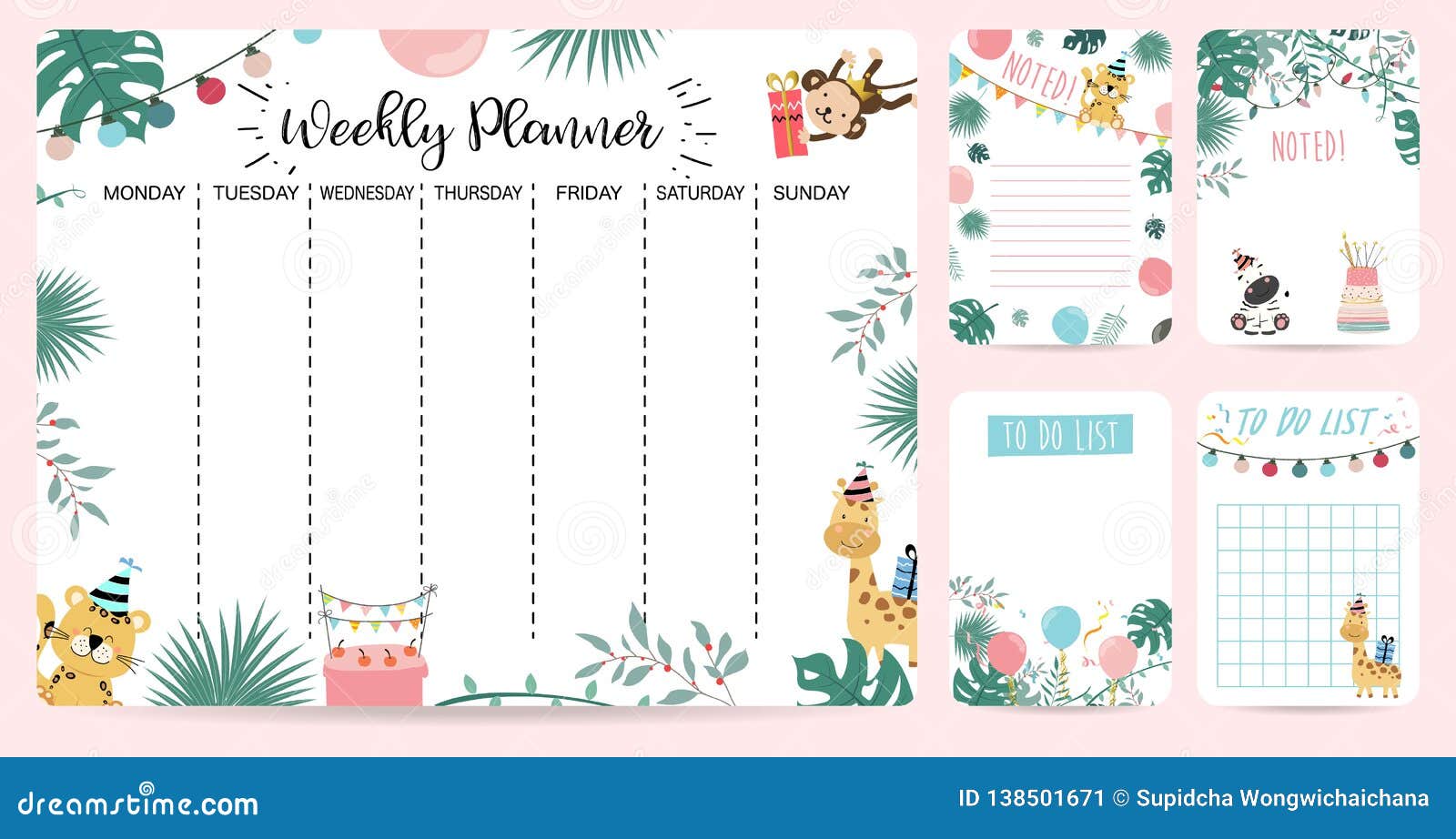 Pastel Weekly Planner with Tiger,giraffe,monkey,leaf Stock Vector ...