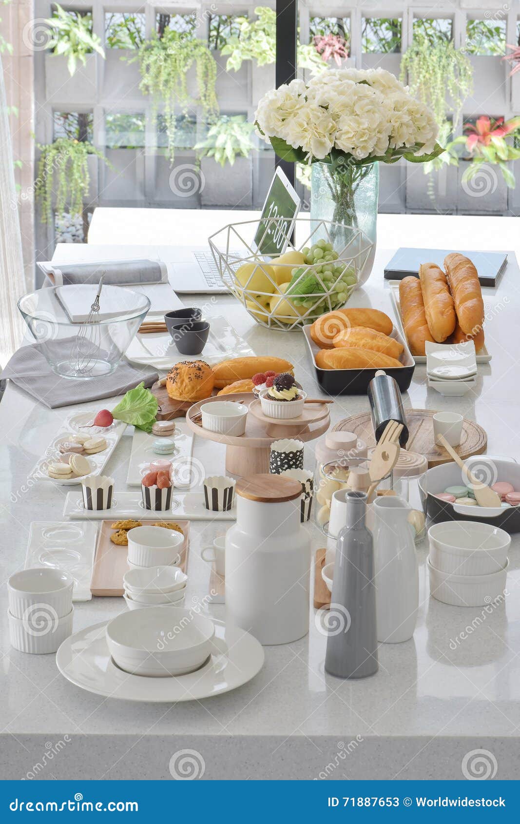 Pastries and Breads Setting on Dining Table Stock Image - Image of bake ...