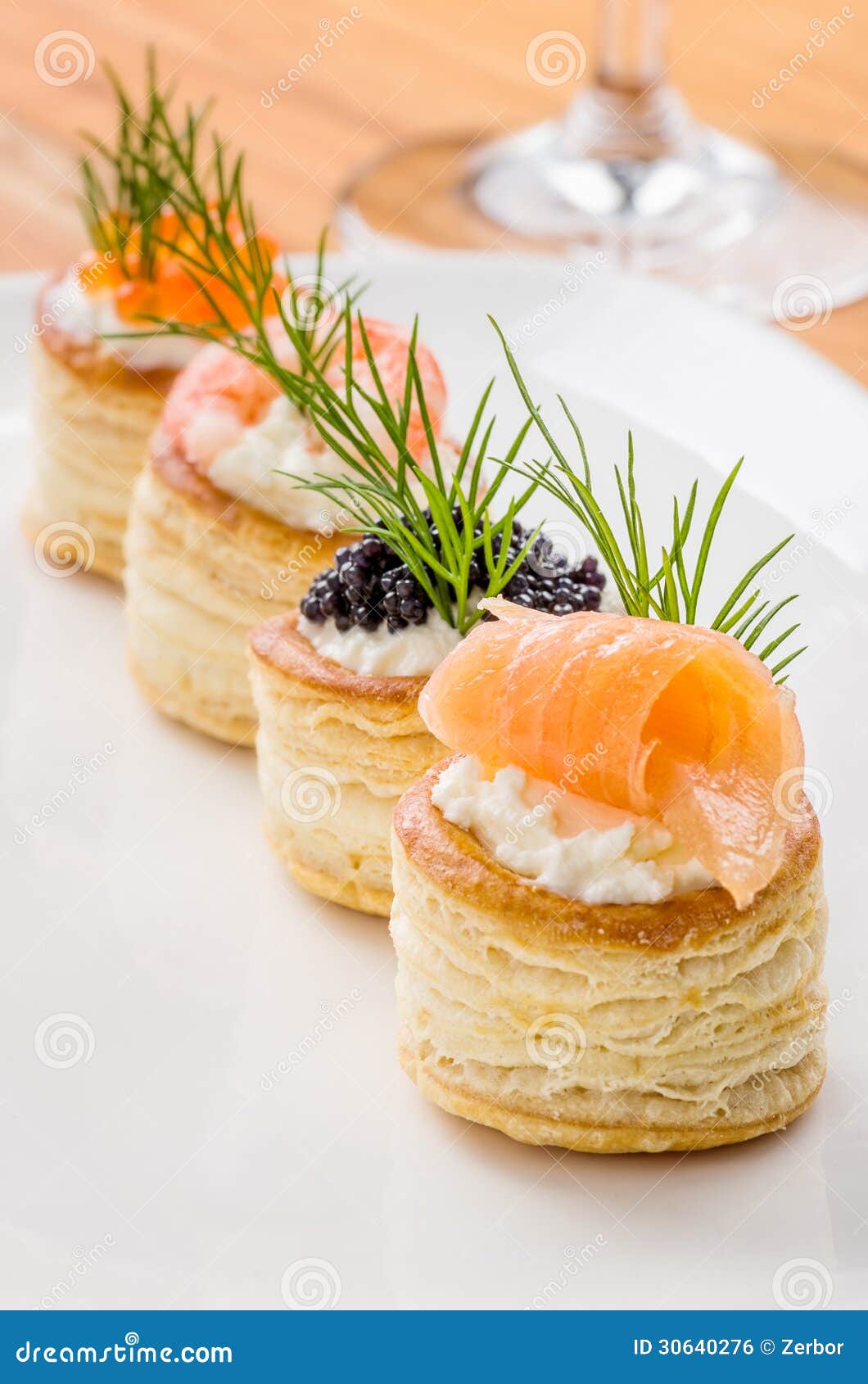 Pastries with Salmon, Caviar and Prawns Stock Photo - Image of canapes ...