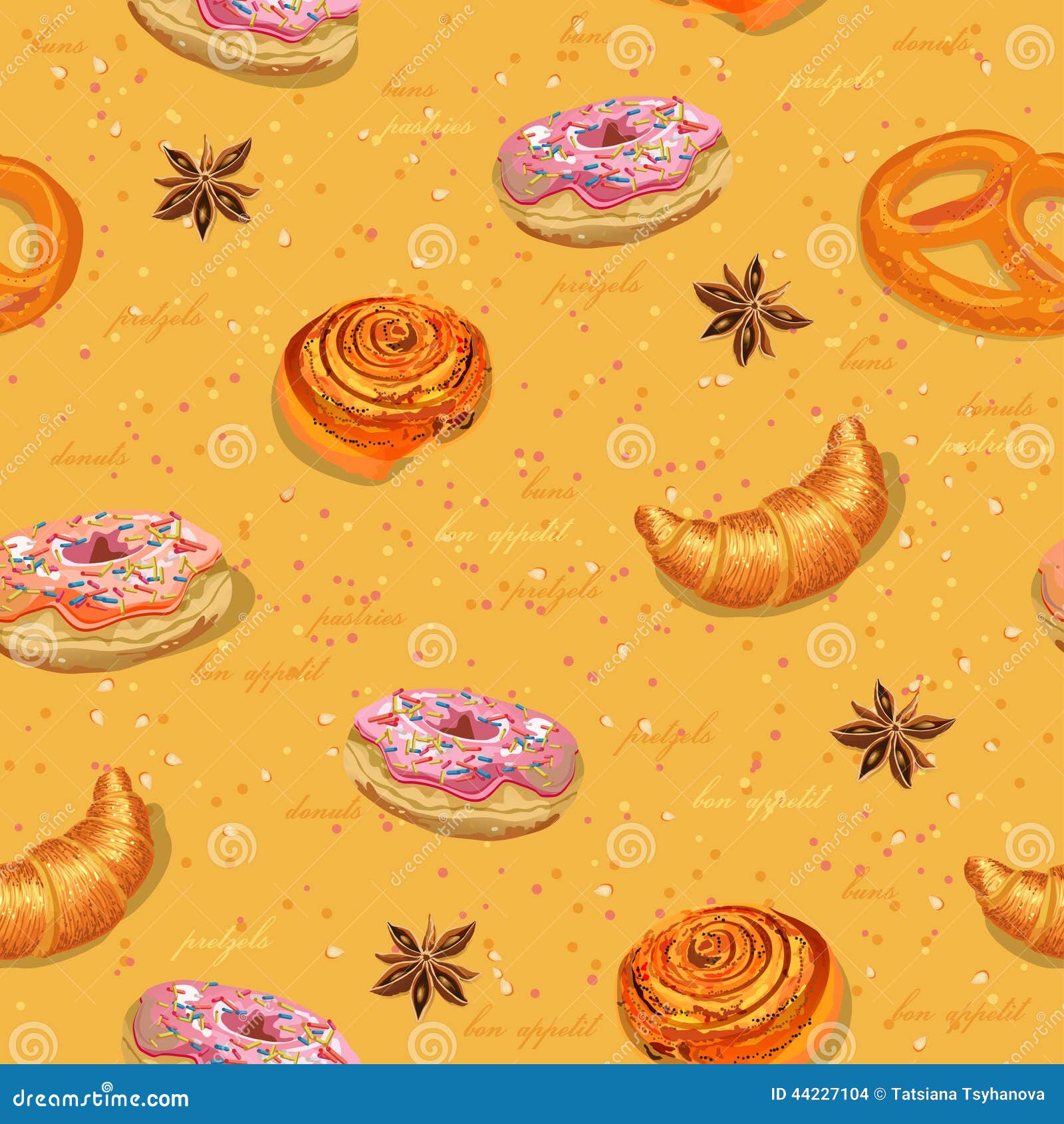 Pastries Seamless Pattern. Donuts. Buns. Croissants. Vector ...