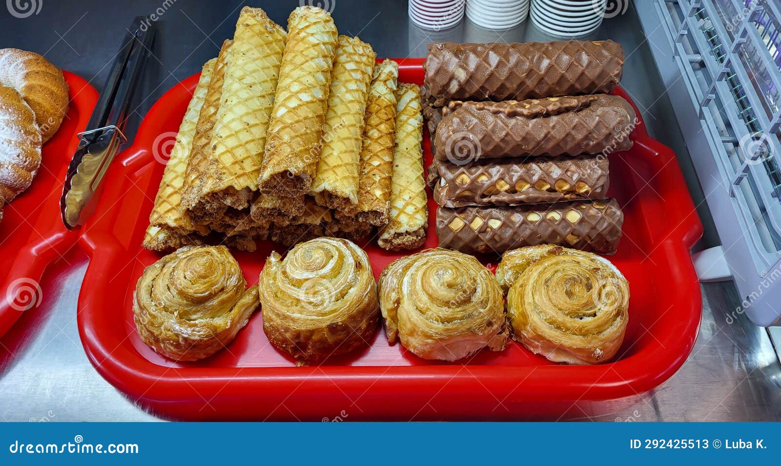 Pastries, Sweets, Confectionery Collage on a Red Tray on a Shelf in the ...