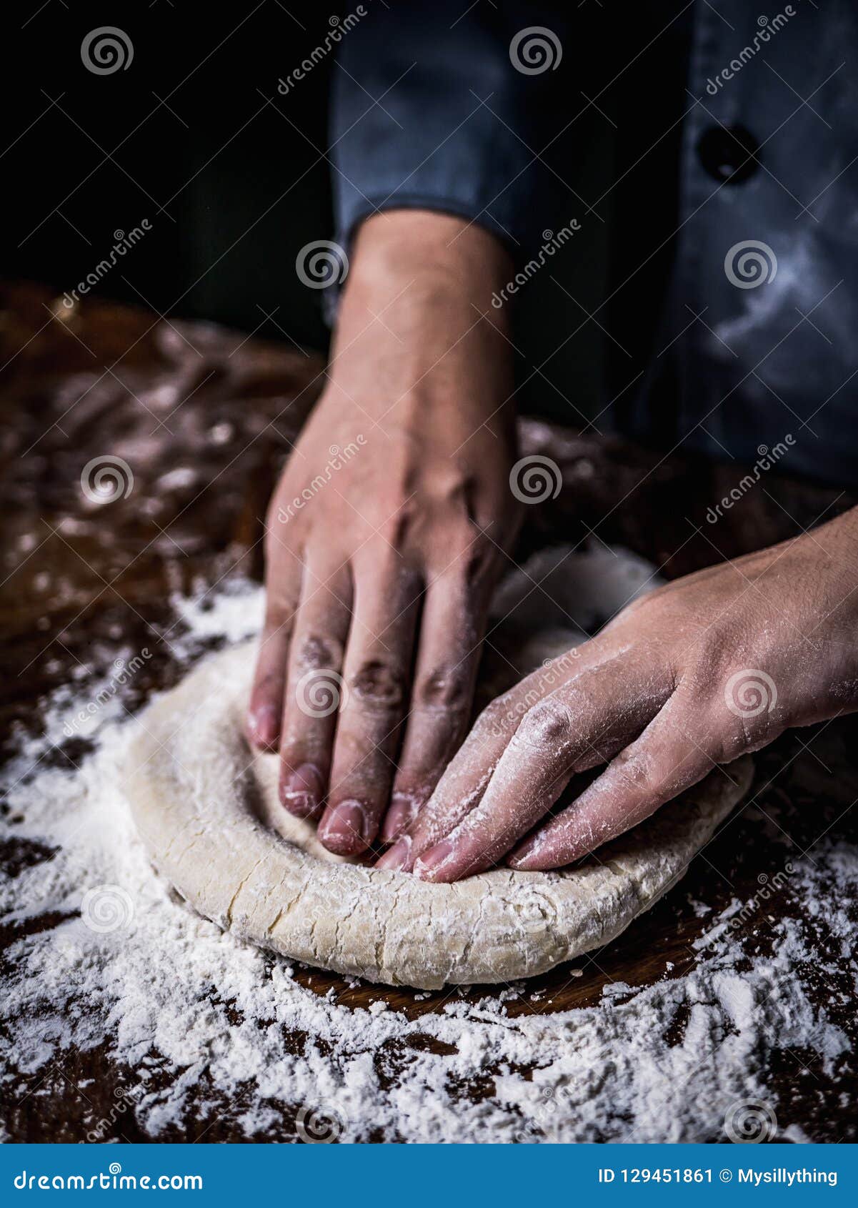 Pastry Chef Hand Kneading Raw Dough with Sprinkling White Flour Stock ...