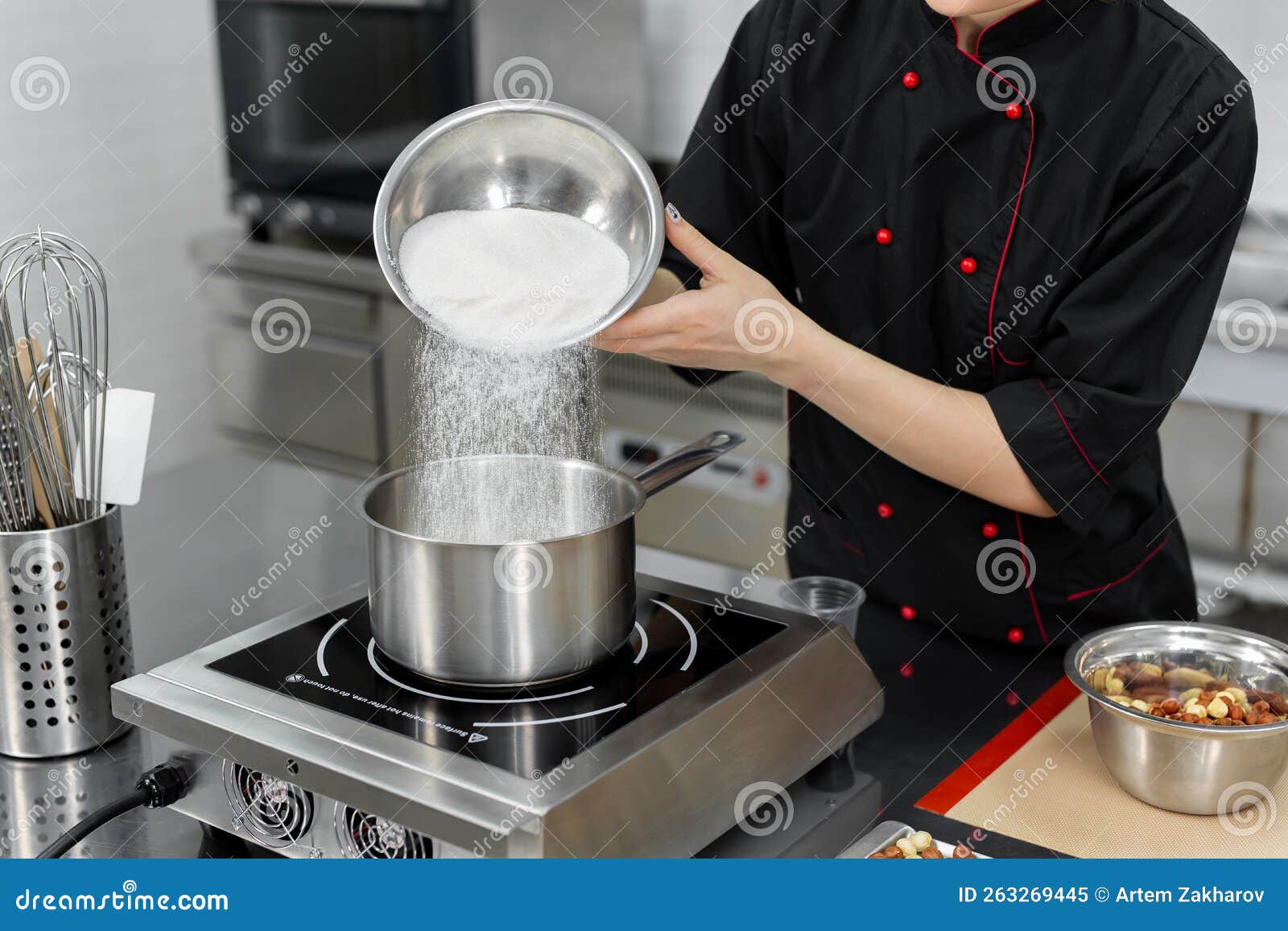 Pastry Chef Pours the Sugar into a Saucepan Stock Image - Image of ...