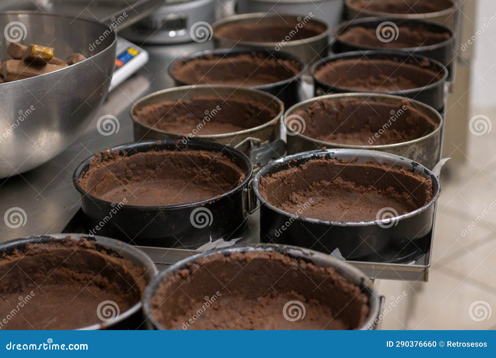 Pastry Chef Preparing and Baking Stack of Chocolate Crust for Salty ...
