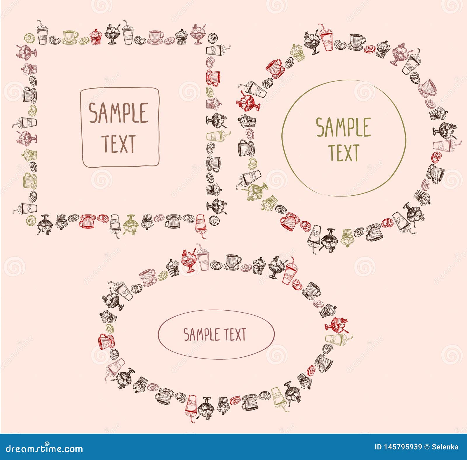 Pastry Frames Set Decorated Assorted Bakery and Drinks Stock Vector ...