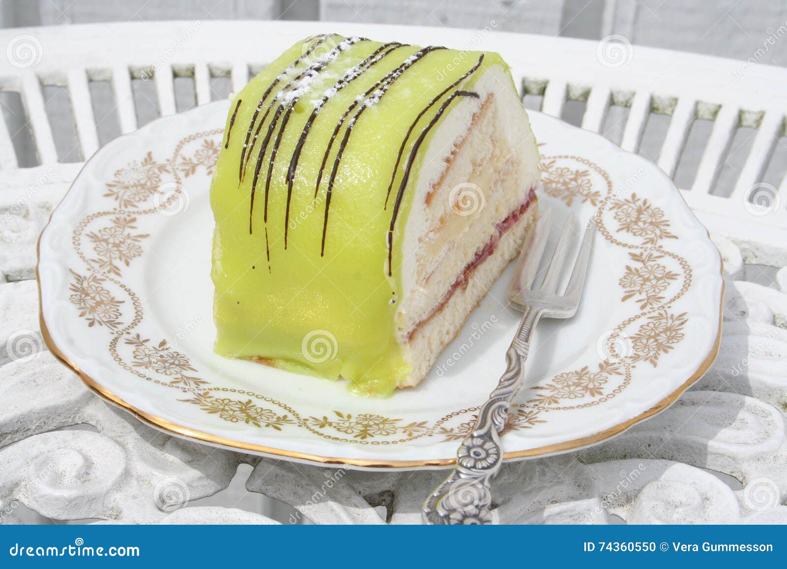 Pastry with Green Marzipan and Cream Stock Photo - Image of white ...