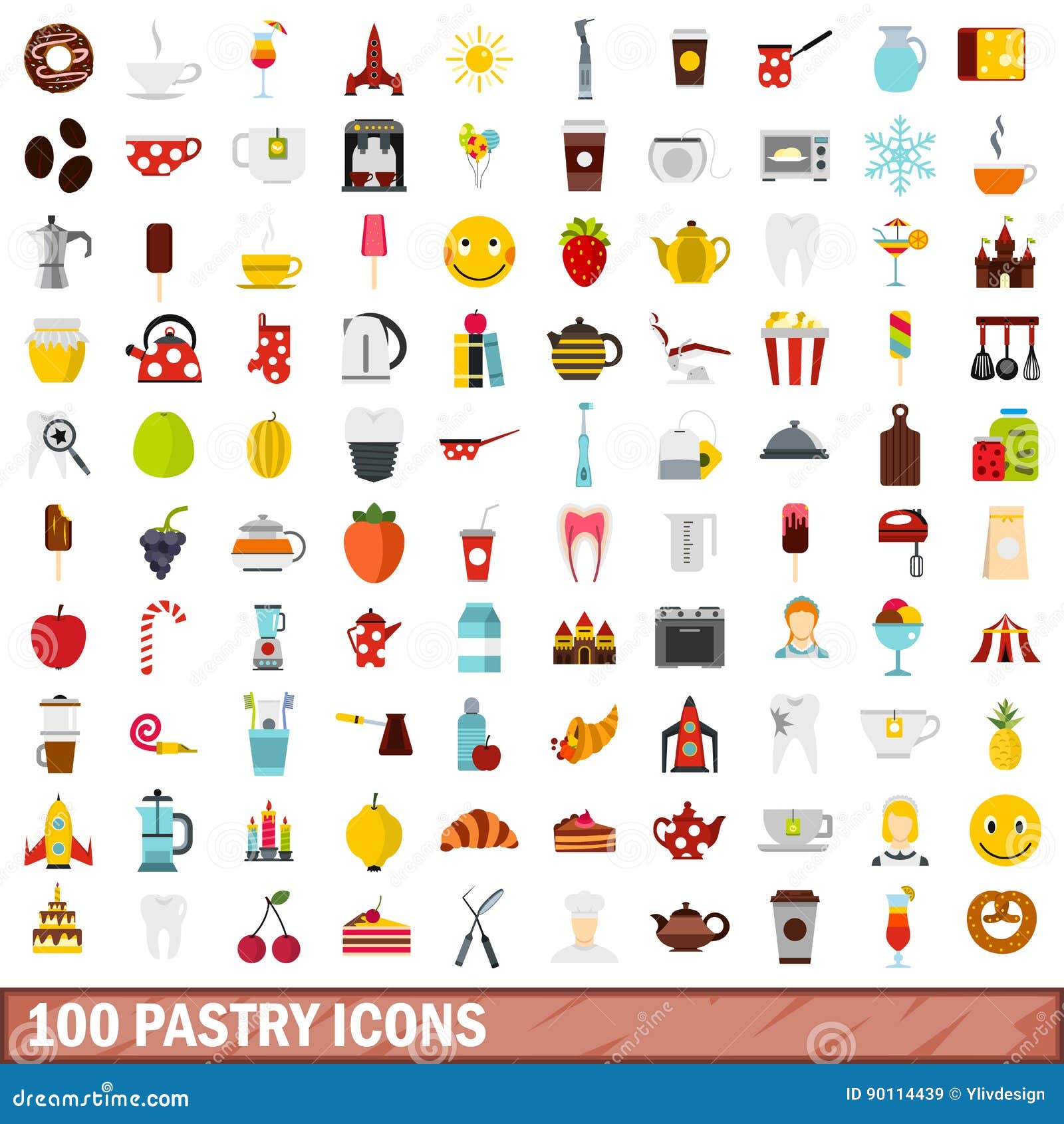 100 Pastry Icons Set, Flat Style Stock Vector - Illustration of candies ...