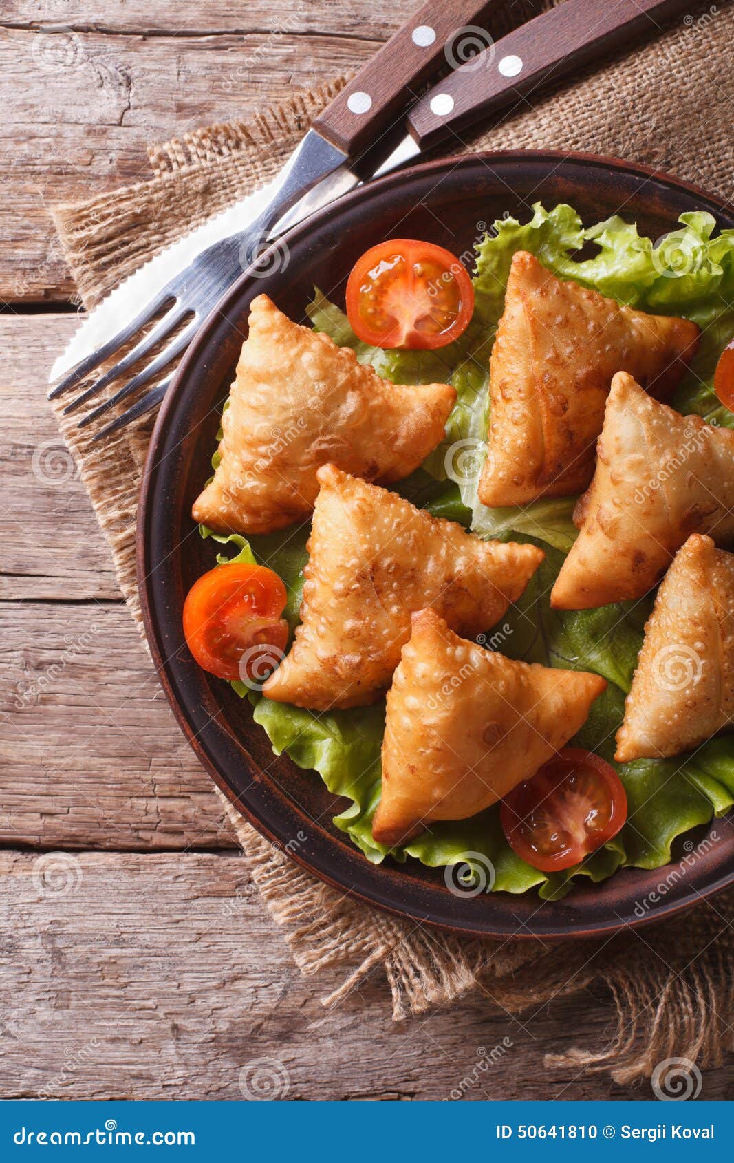 Pastry Samosas on a Plate Close-up. Vertical Top View, Rustic Stock ...