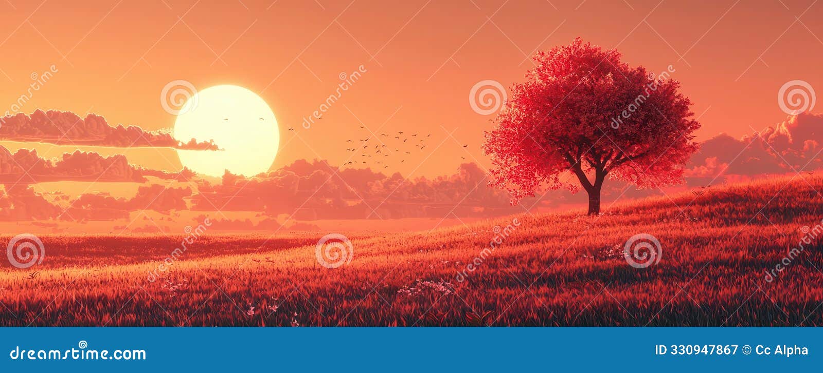 Pasture Landscape Flat Design Side View Sunset Theme 3D Render ...