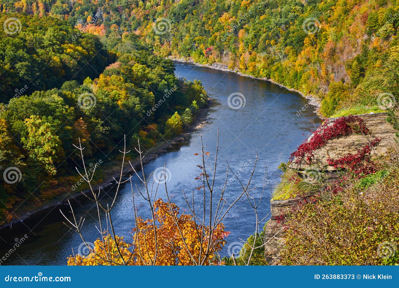 Patch of Delaware River from Above in Early Fall with Rock Covered in ...