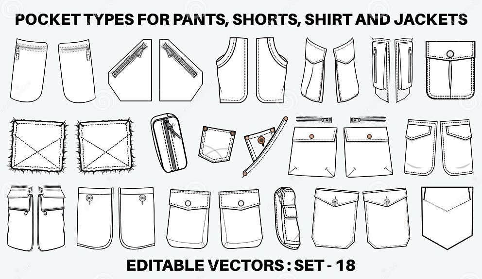 Patch Pocket Flat Sketch Vector Illustration Set Different Types Of