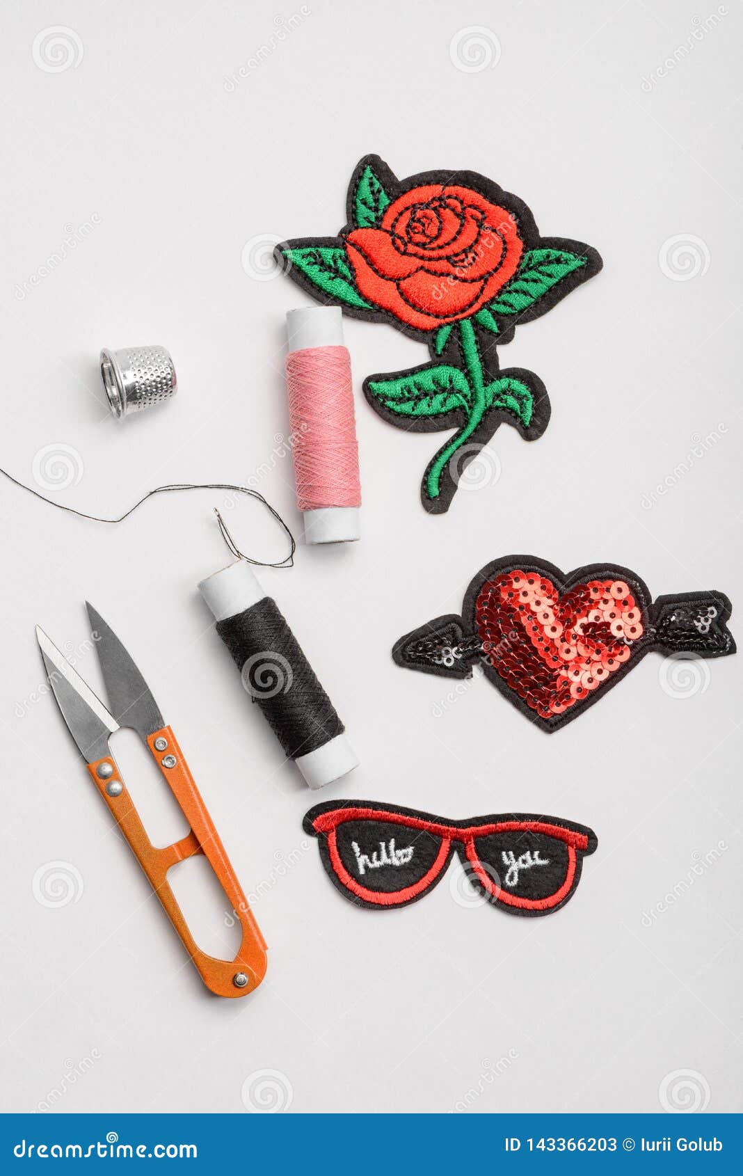 Patches, Scissors, Thread and Thimble Stock Image - Image of graphic ...