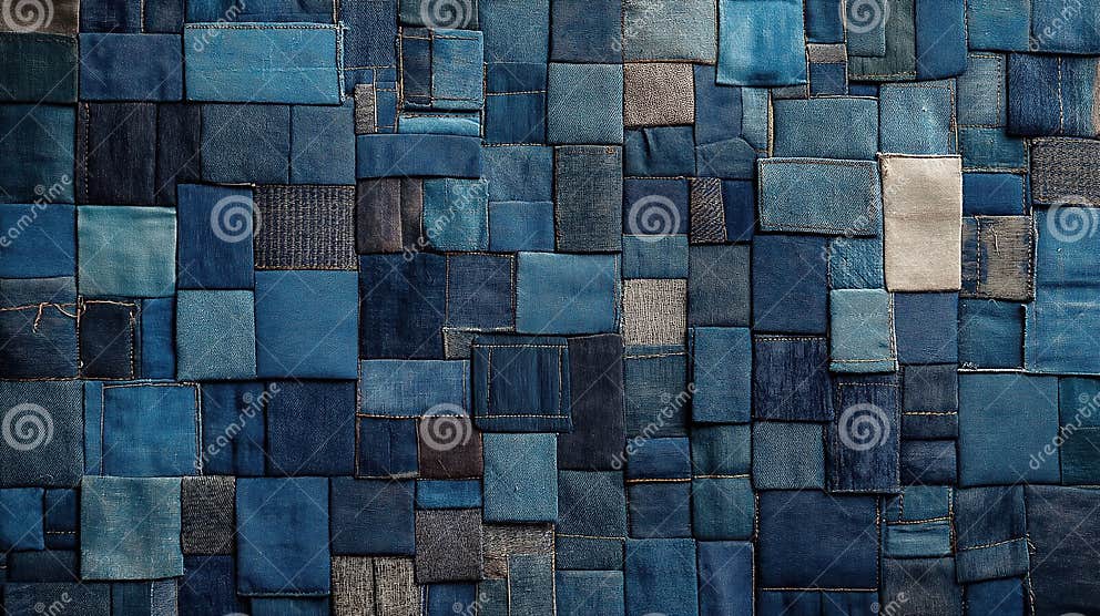Patchwork of Blue Denim Fabric Tiles Creating a Textured Abstract ...