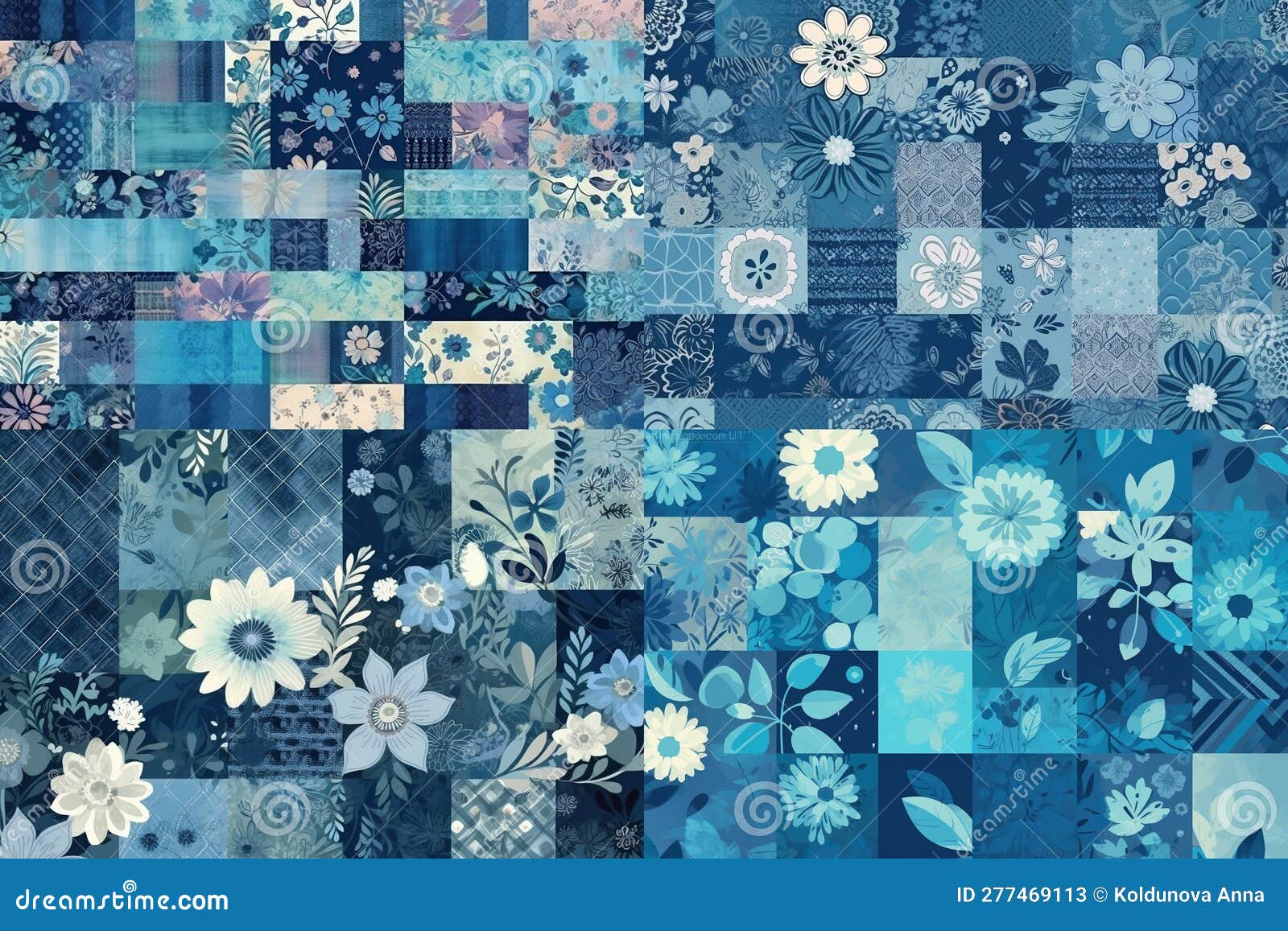Patchwork Blue Flowers Background, Concept of Textile Design, Created ...