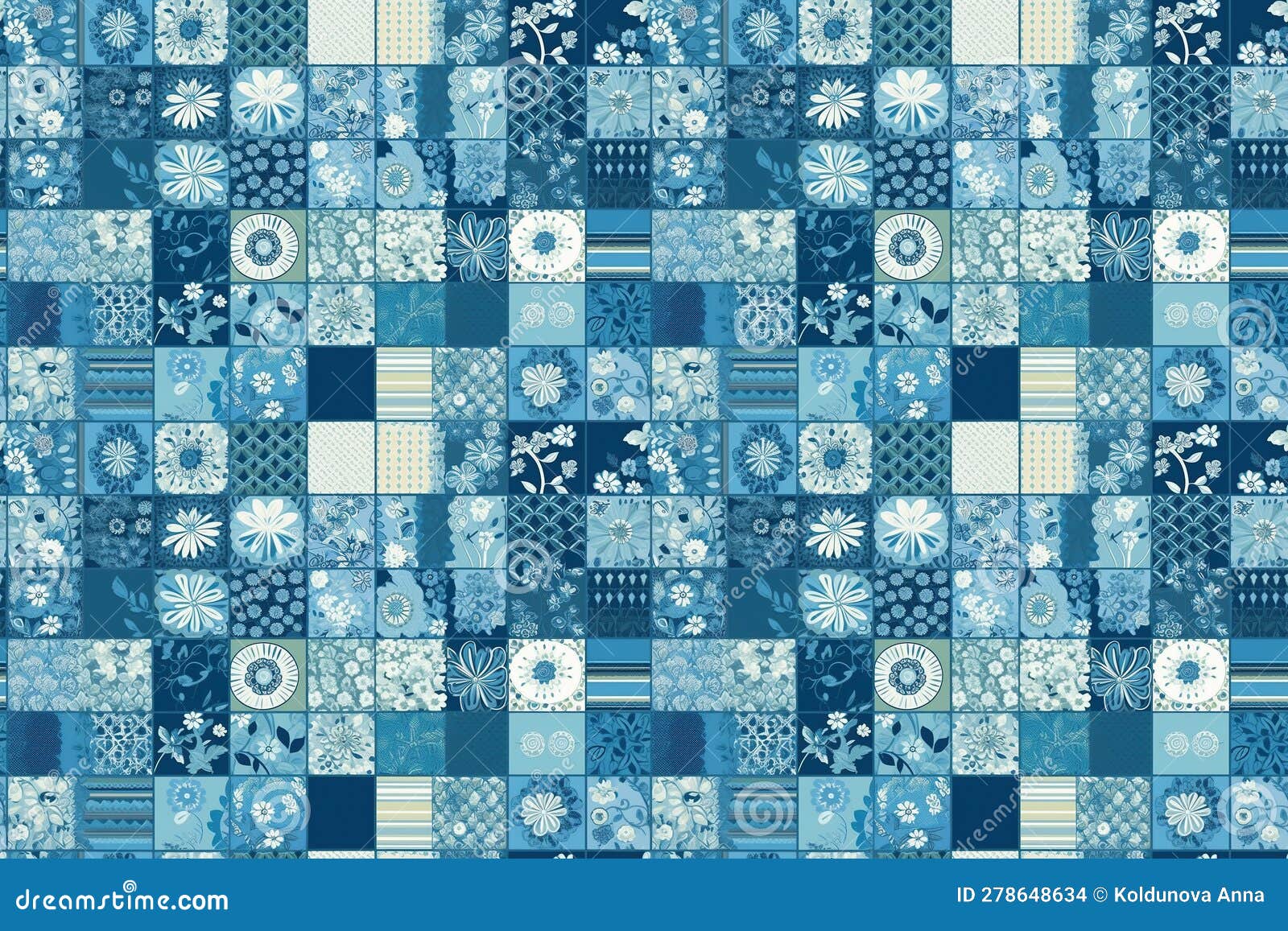 Patchwork Blue Flowers Background, Concept of Textile Design, Created ...