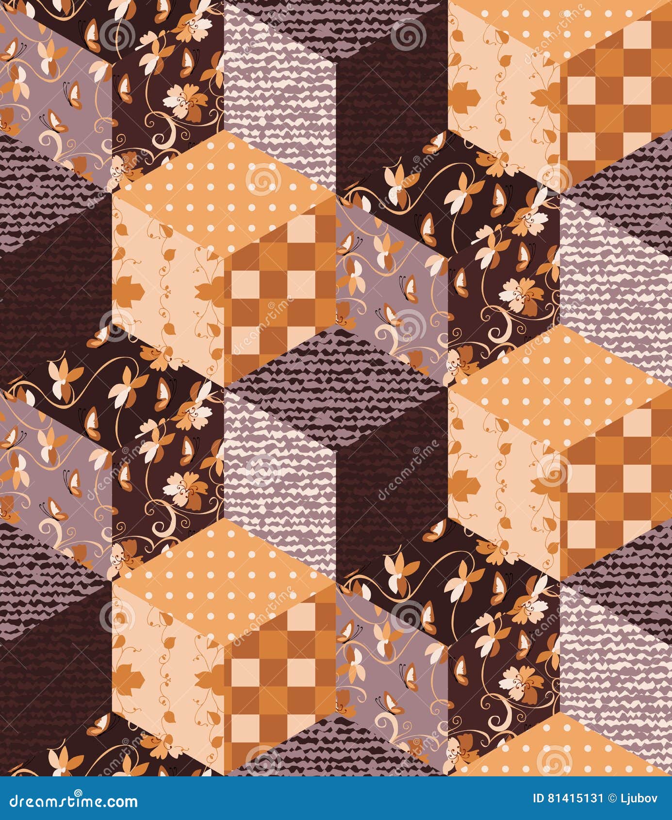 Patchwork in Brown Tones with Floral, Geometric and Jeans Patches Stock ...