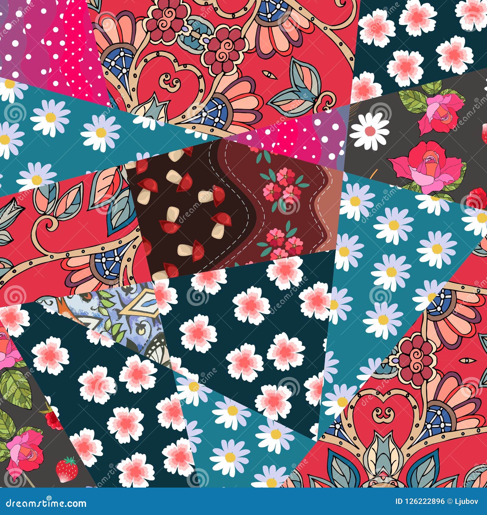 Patchwork Floral Pattern with Daisies and Roses. Summer Design Stock ...