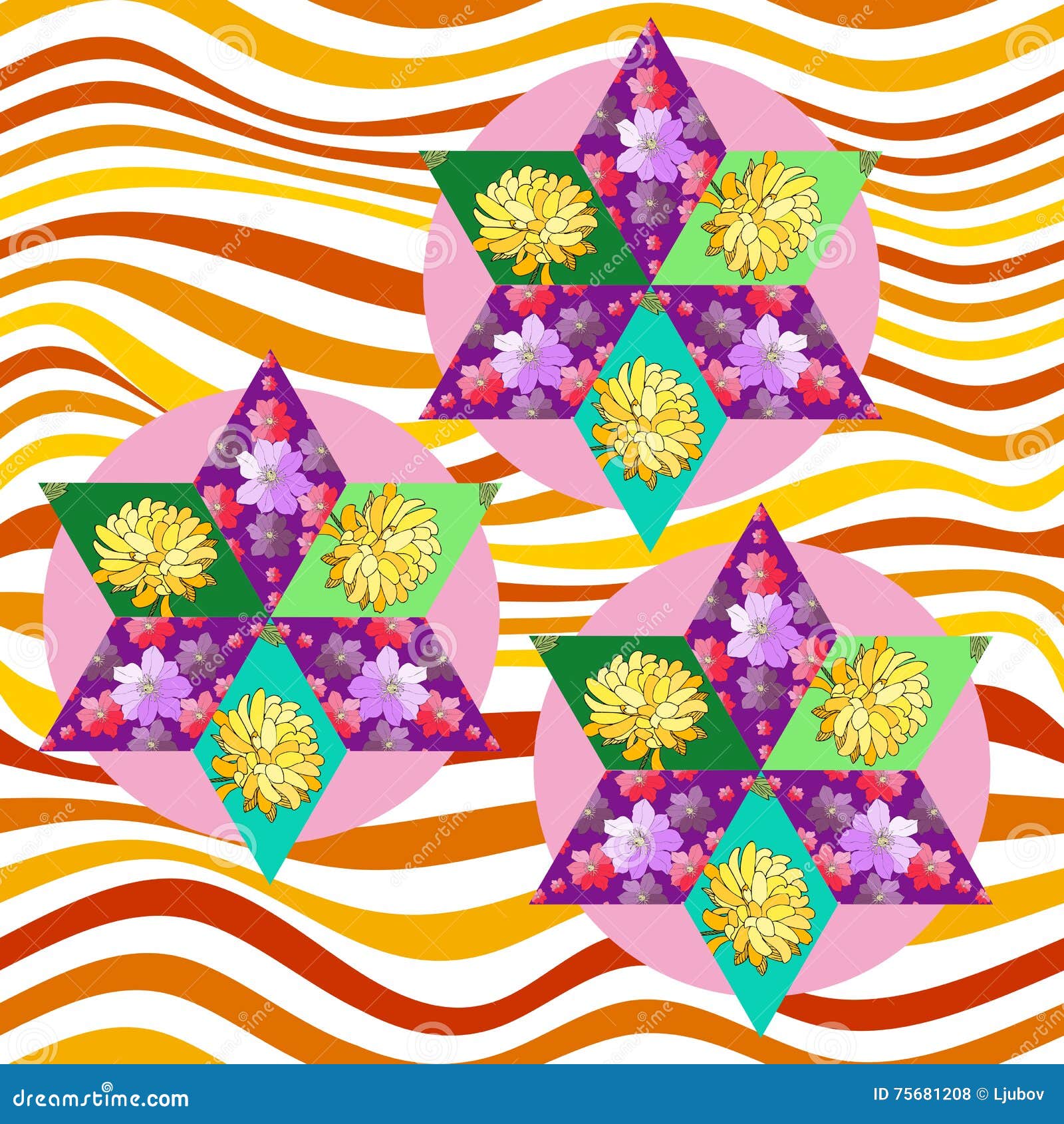 Patchwork Floral Stars on Wavy Seamless Background. Stock Vector ...