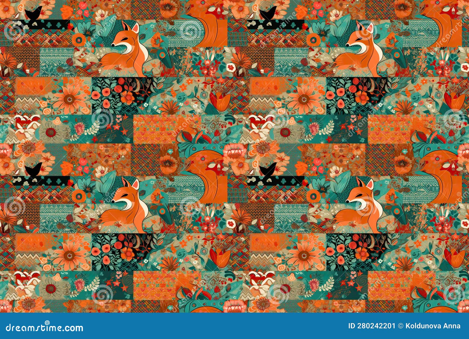 Patchwork Flowers Fox Background, Concept of Quilting Technique ...
