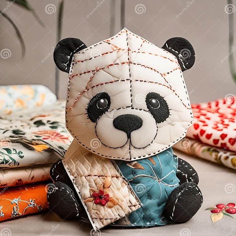 Patchwork Game in Fabric with Visible Stitching Panda Bear Cub, Cartoon ...