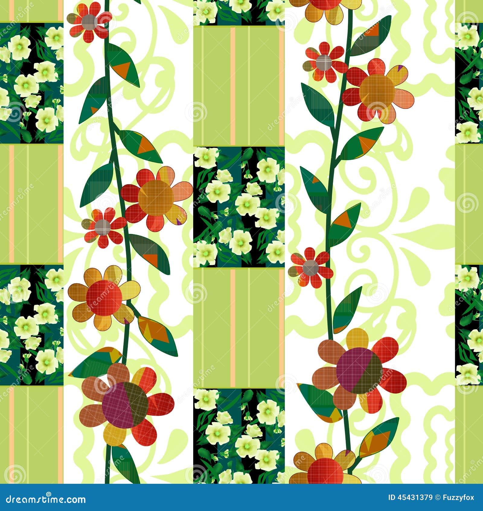 Patchwork Green Floral Pattern Background Stock Illustration ...