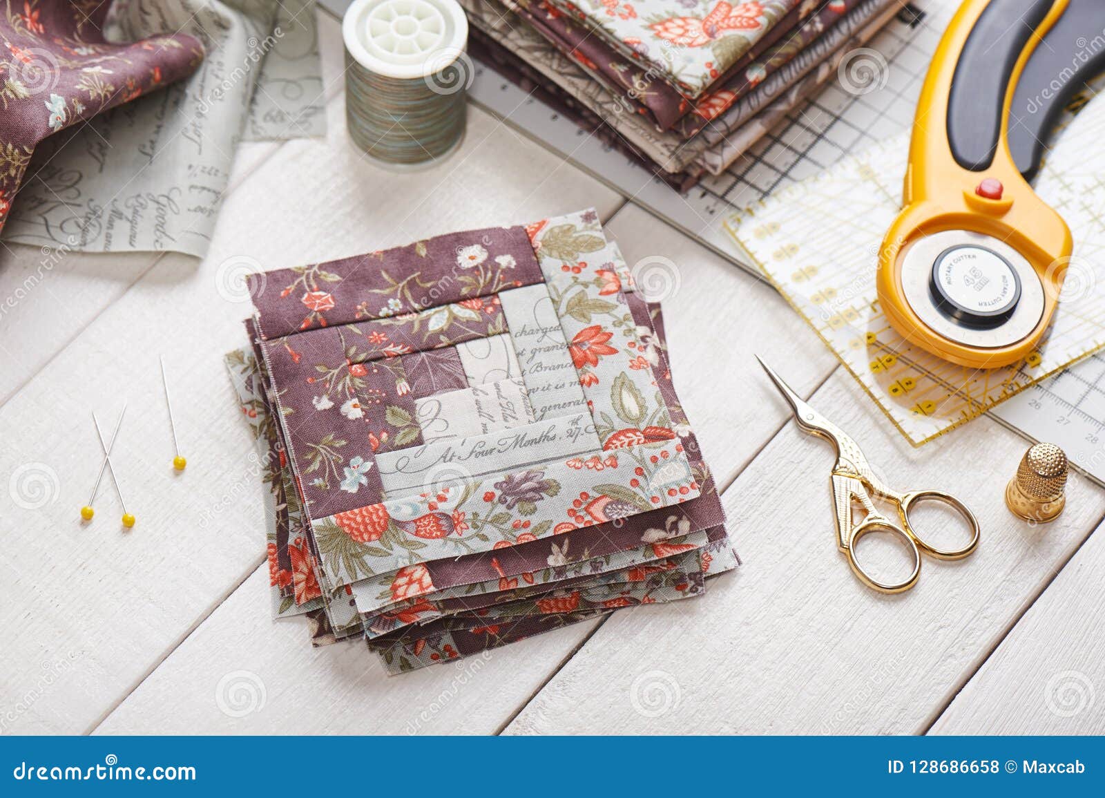 Patchwork Log Cabin Blocks, Stack of Blocks, Sewing Accessories on ...