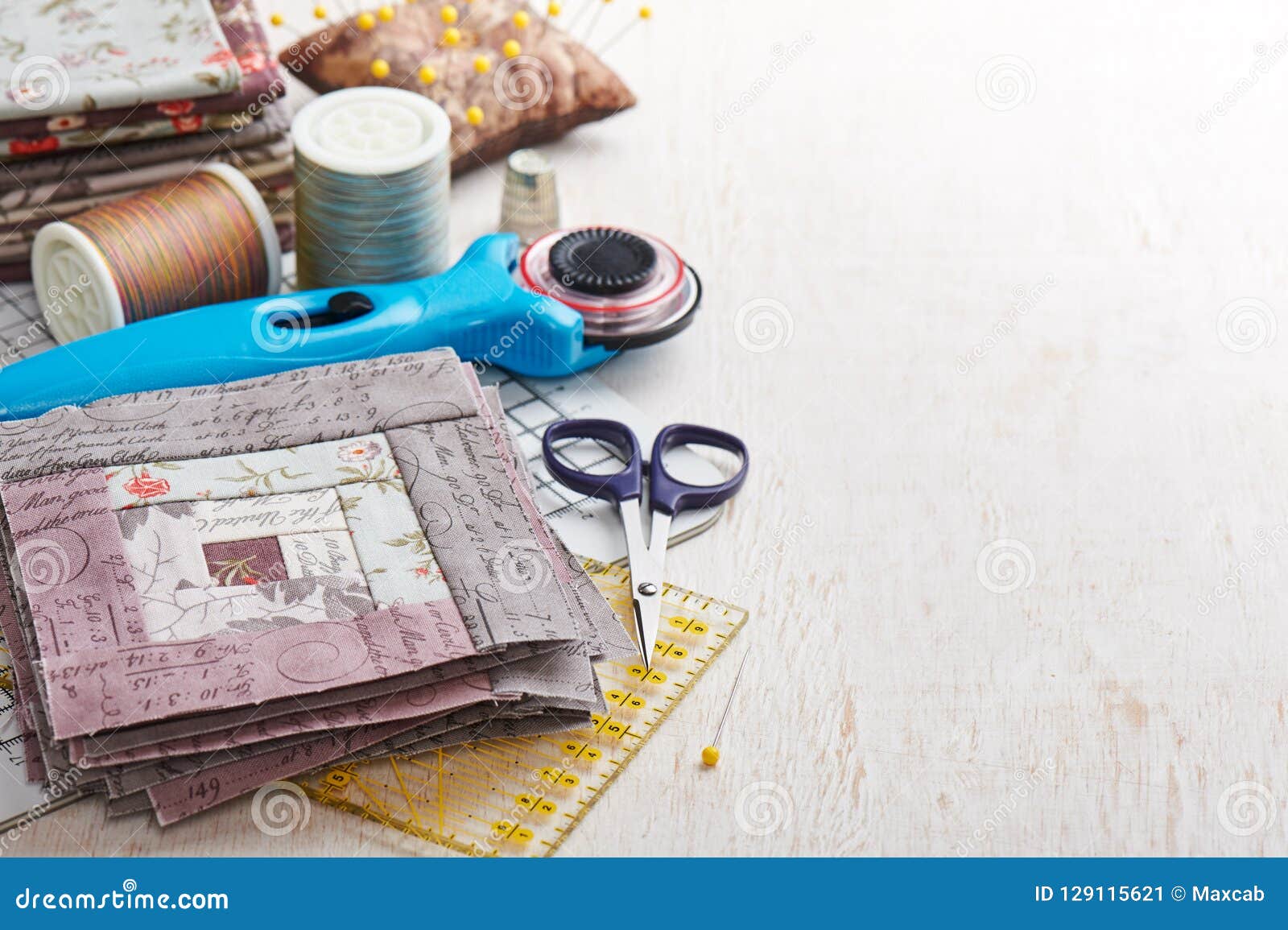 Patchwork Log Cabin Blocks, Stack of Blocks, Sewing Accessories on ...