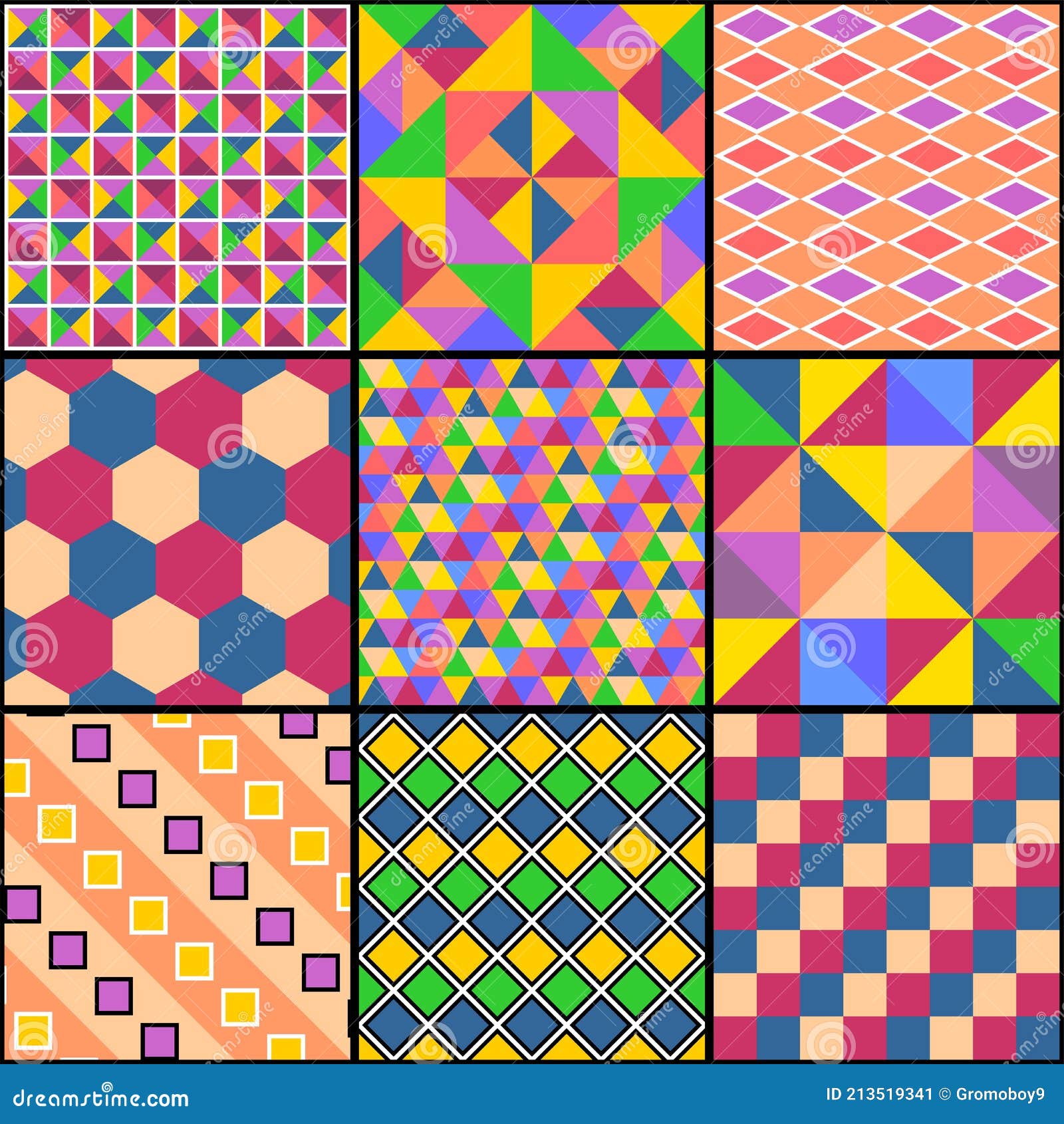 Patchwork from Nine Geometric Multicolored Patterns. Vector Drawing ...