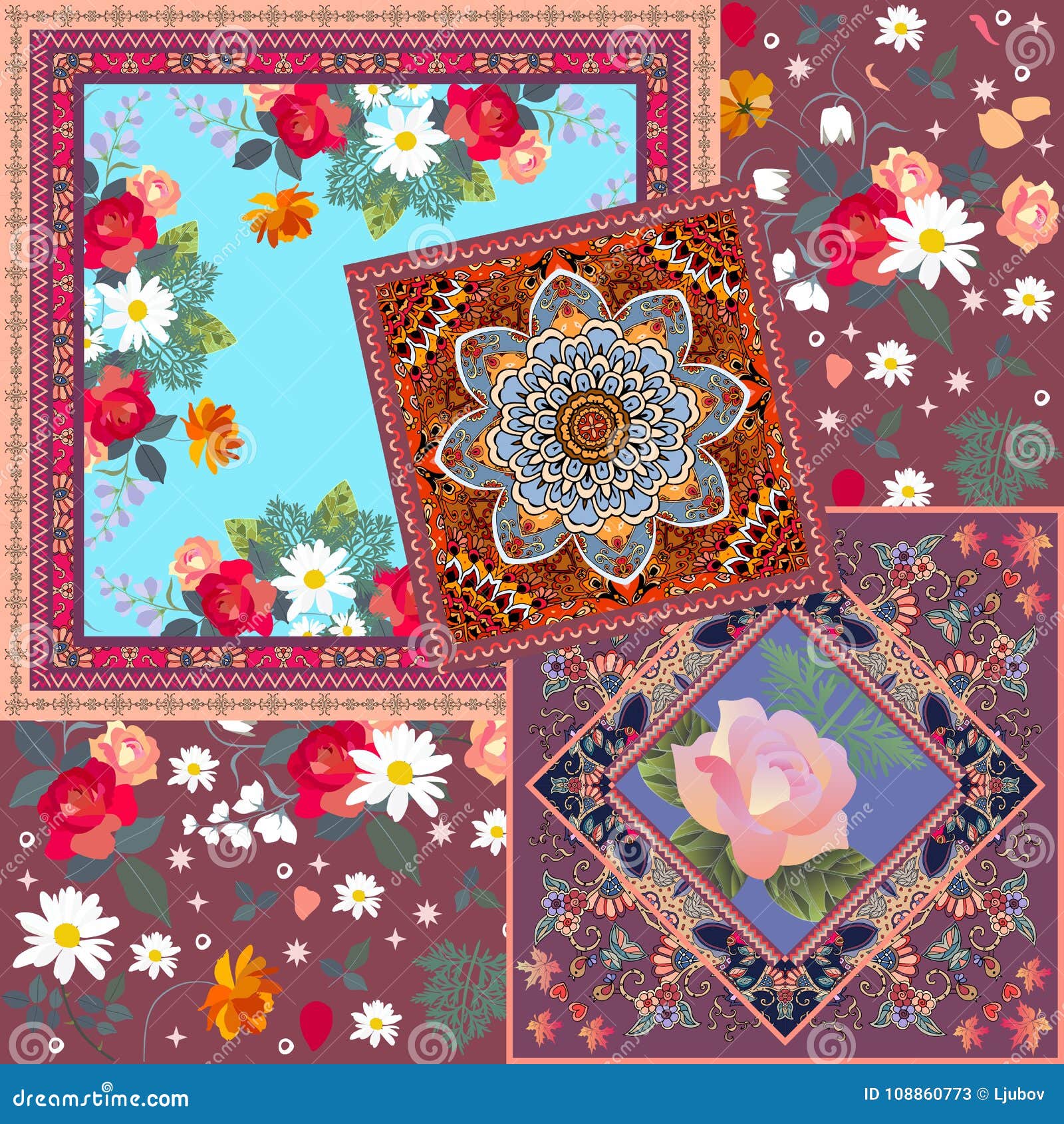 Patchwork Pattern with Abstract Ethnic Ornament and Different Floral ...
