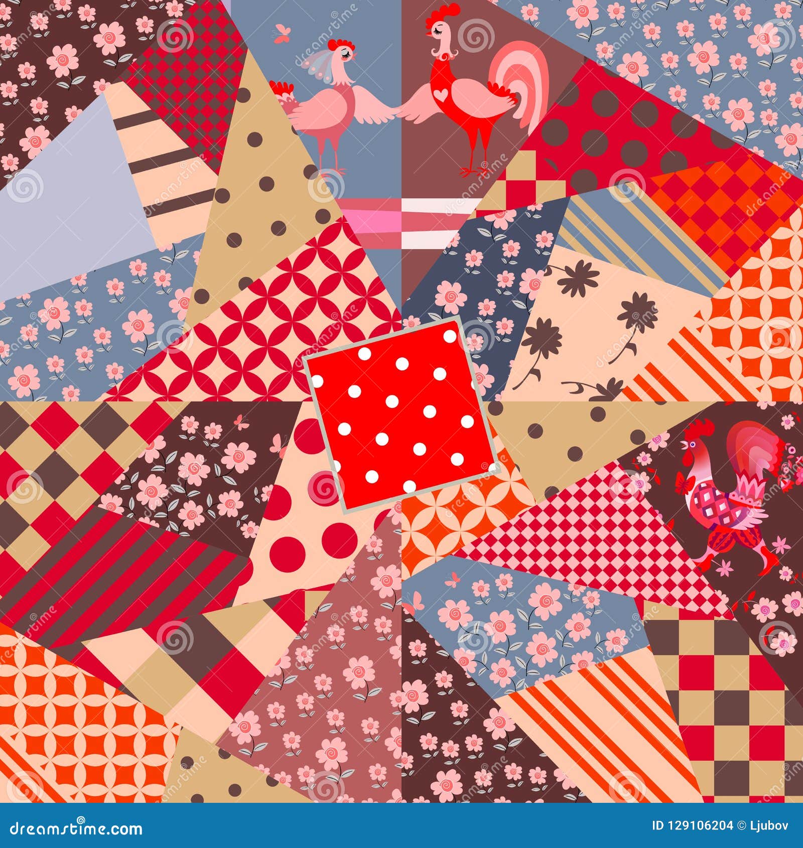 Patchwork Pattern with Cute Cartoon Rooster and Hen. Stock Vector ...