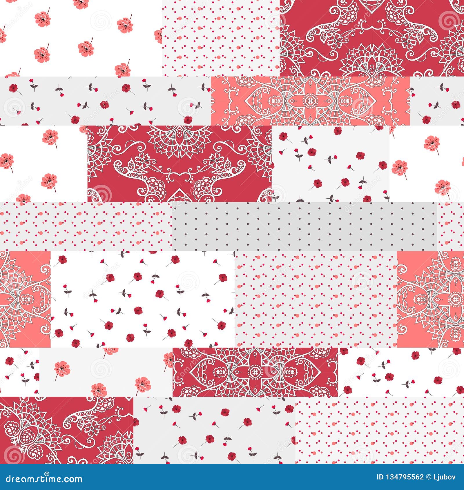 Patchwork Pattern. Floral and Ornamental Patches in Red and White ...