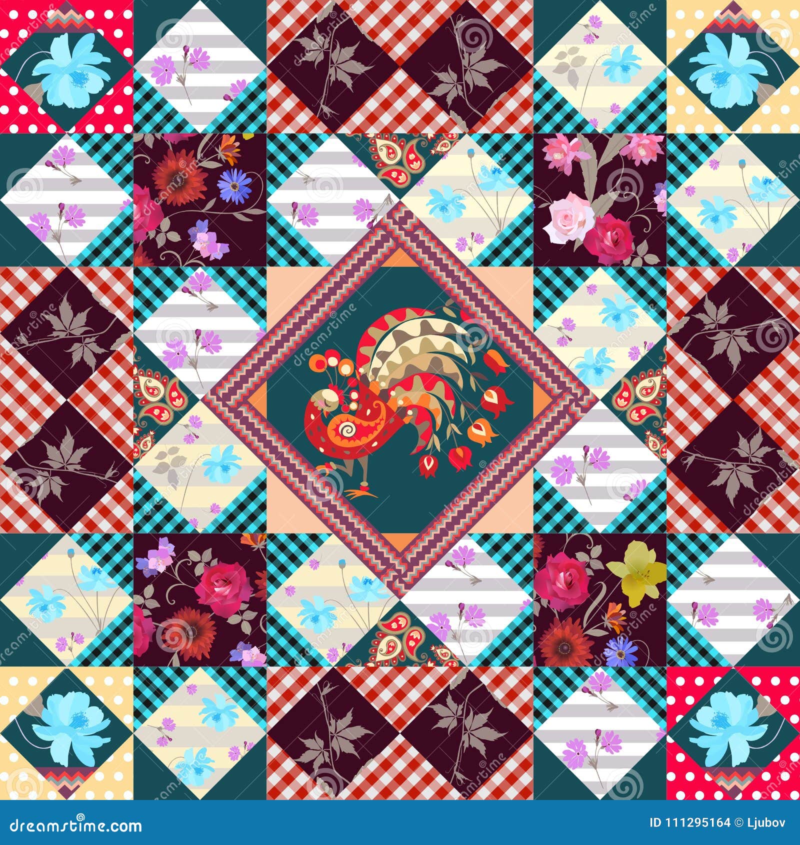 Patchwork Pattern with Peacock, Zigzag Frame and Various Flowers Stock Illustration ...