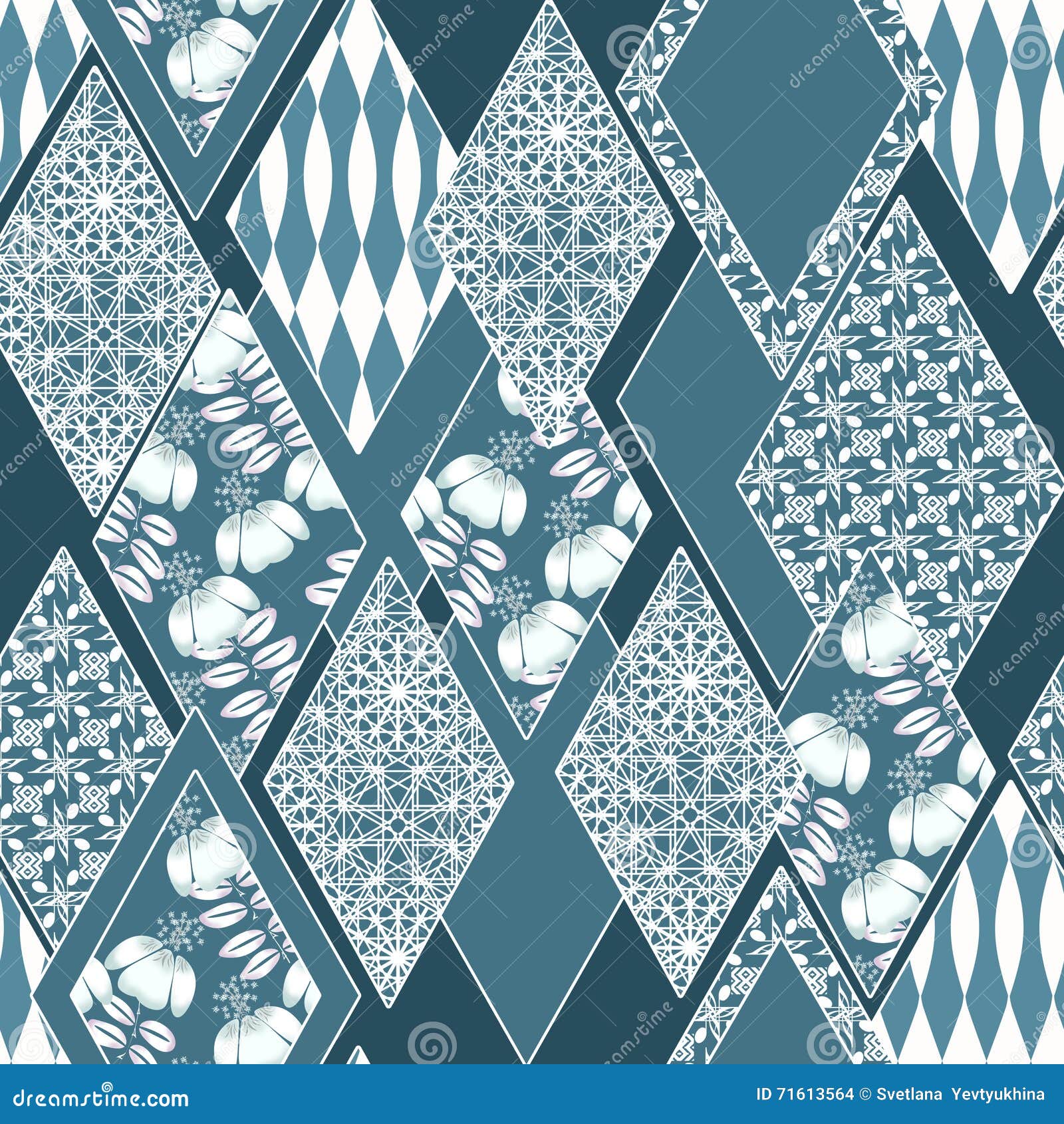 Patchwork Seamless Floral Abstract Pattern Blue Background. Stock ...