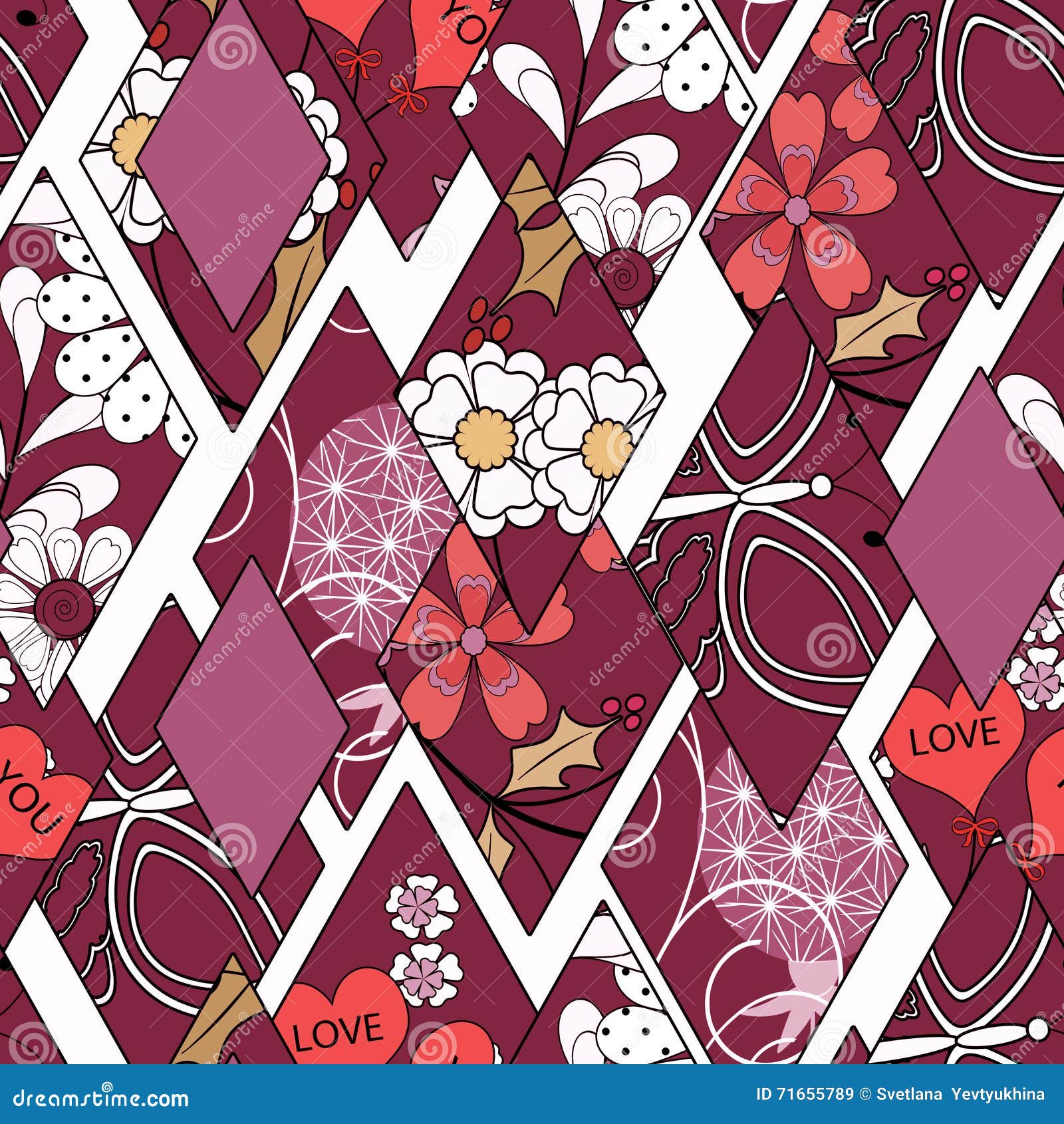 Patchwork Seamless Floral Abstract Pattern Red, White Background. Stock ...