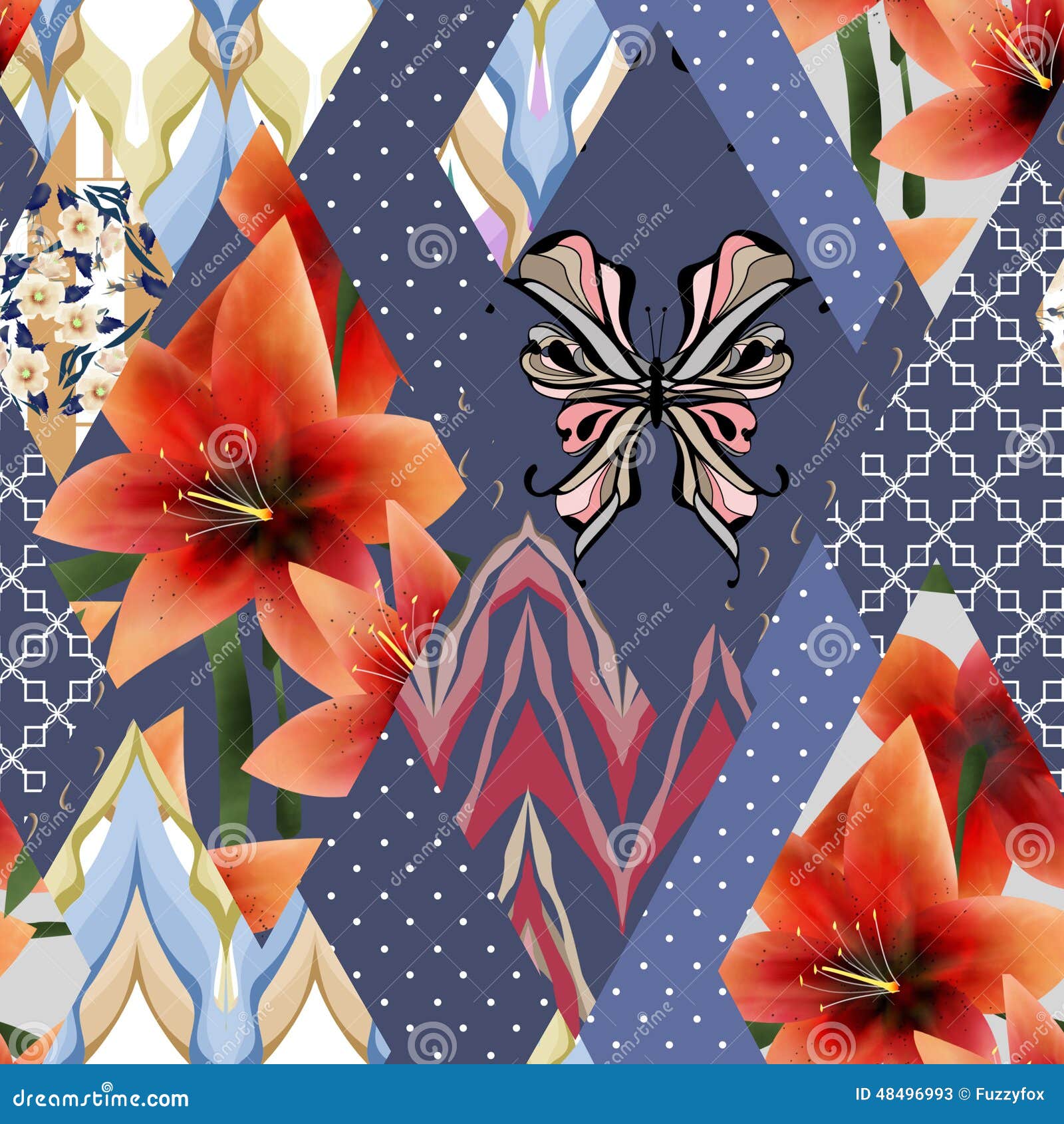 Patchwork Seamless Floral Lilly Pattern Texture Background with Stock ...