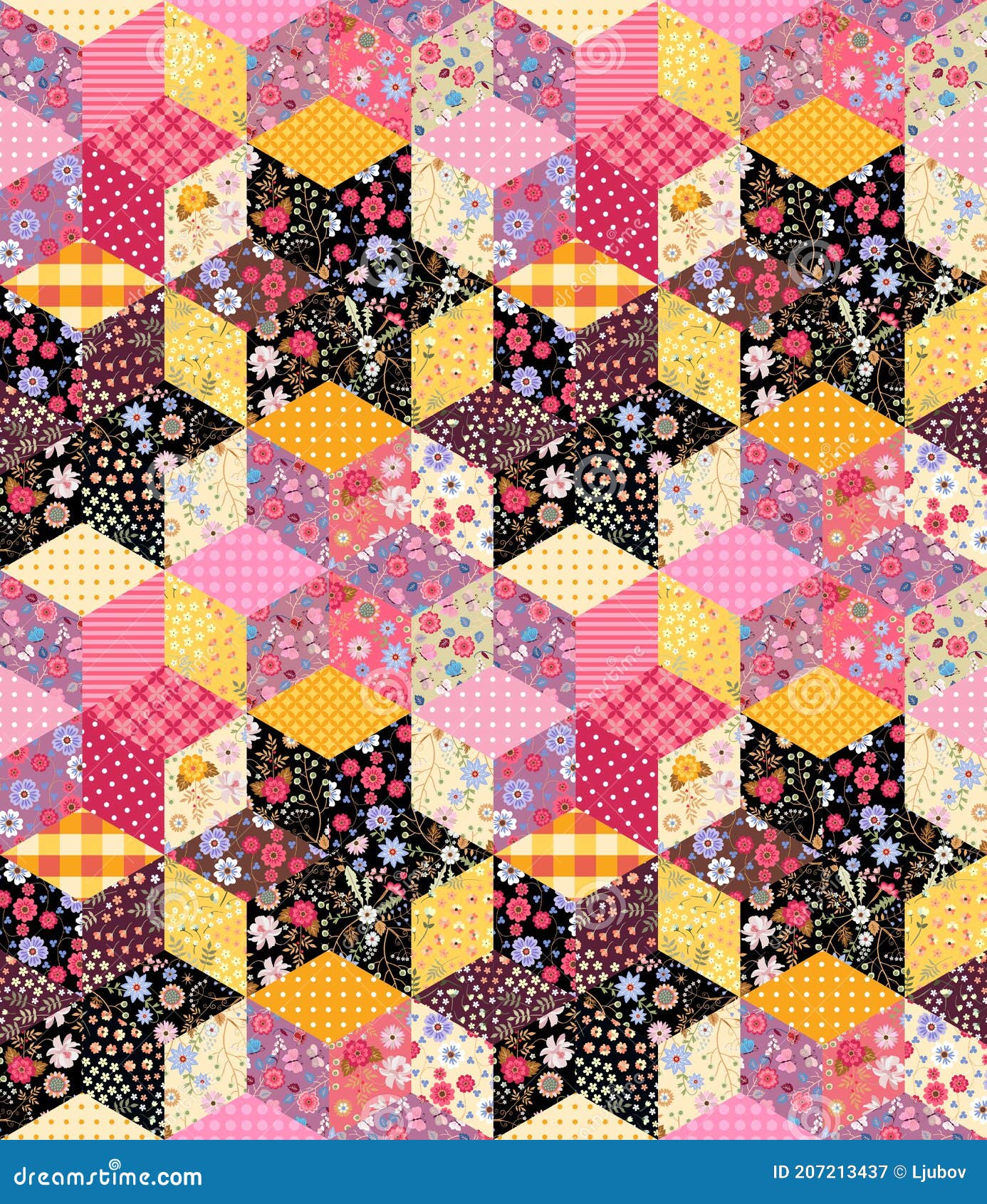 Patchwork Seamless Floral Pattern Beautiful Quilt Design With Stars