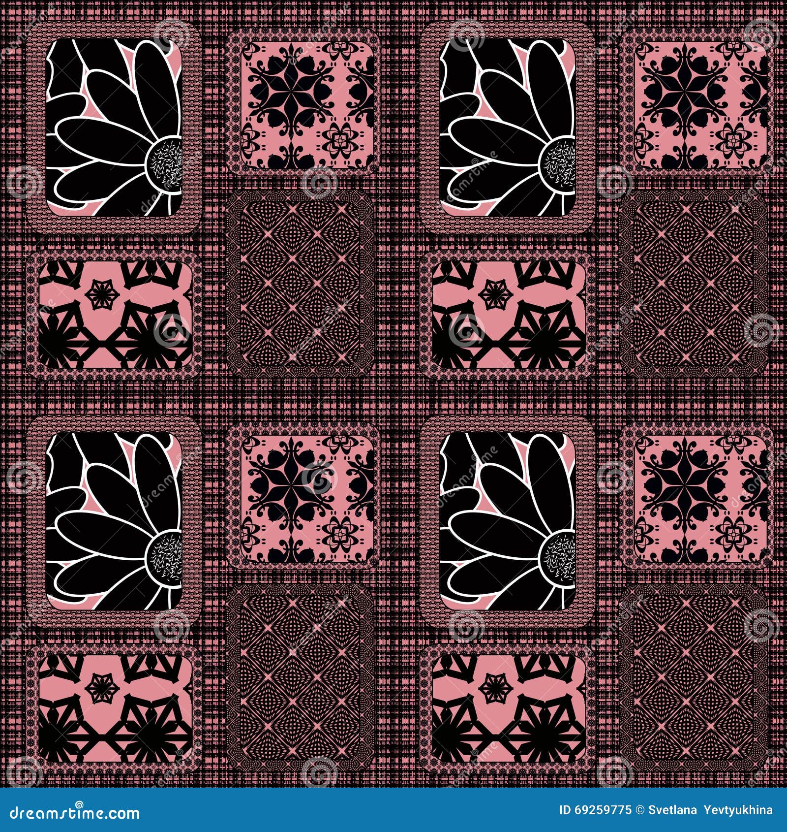 Patchwork Seamless Floral Pattern Black, Pink Background Stock ...