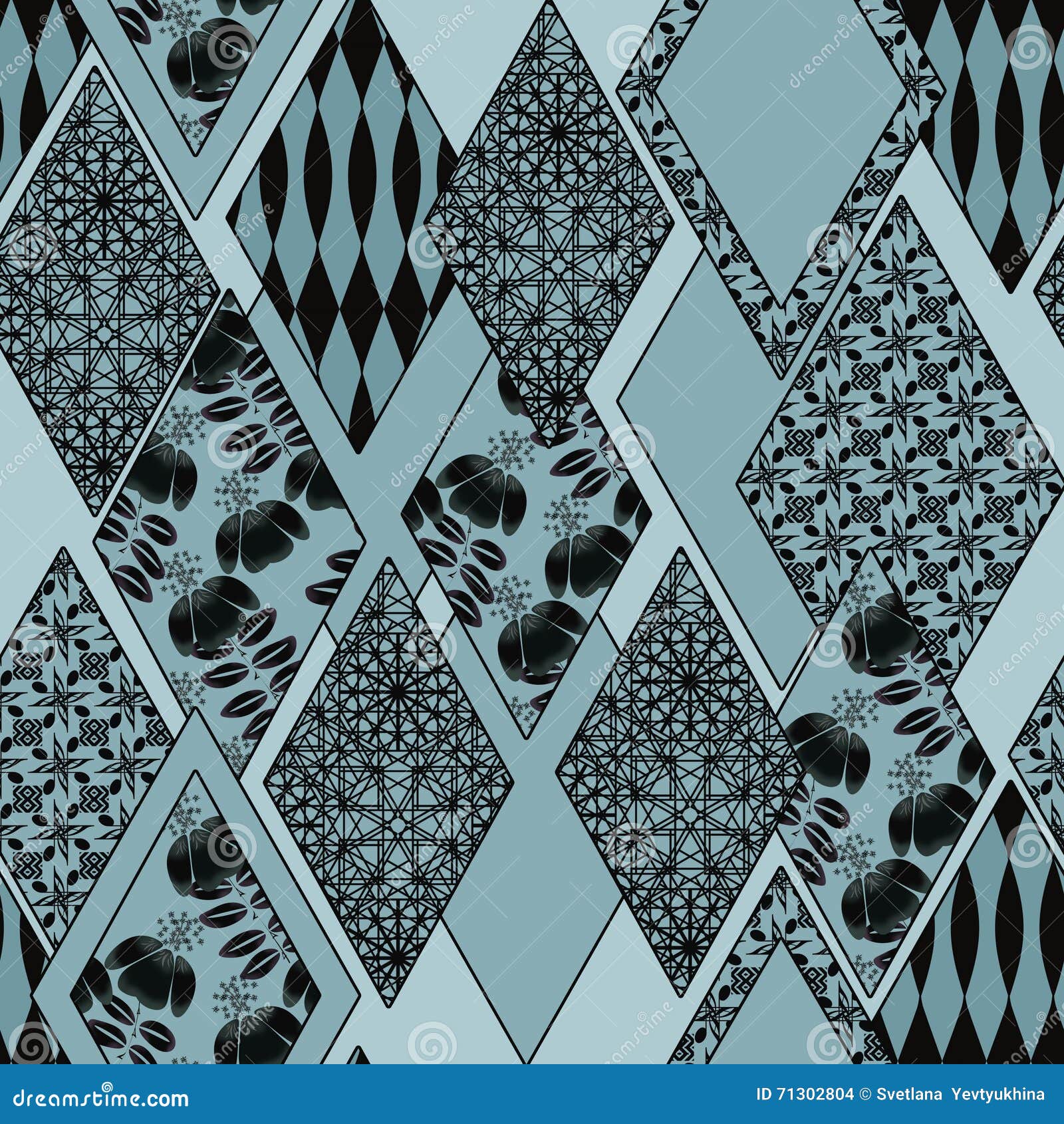 Patchwork Seamless Floral Pattern Blue Background Stock Illustration ...