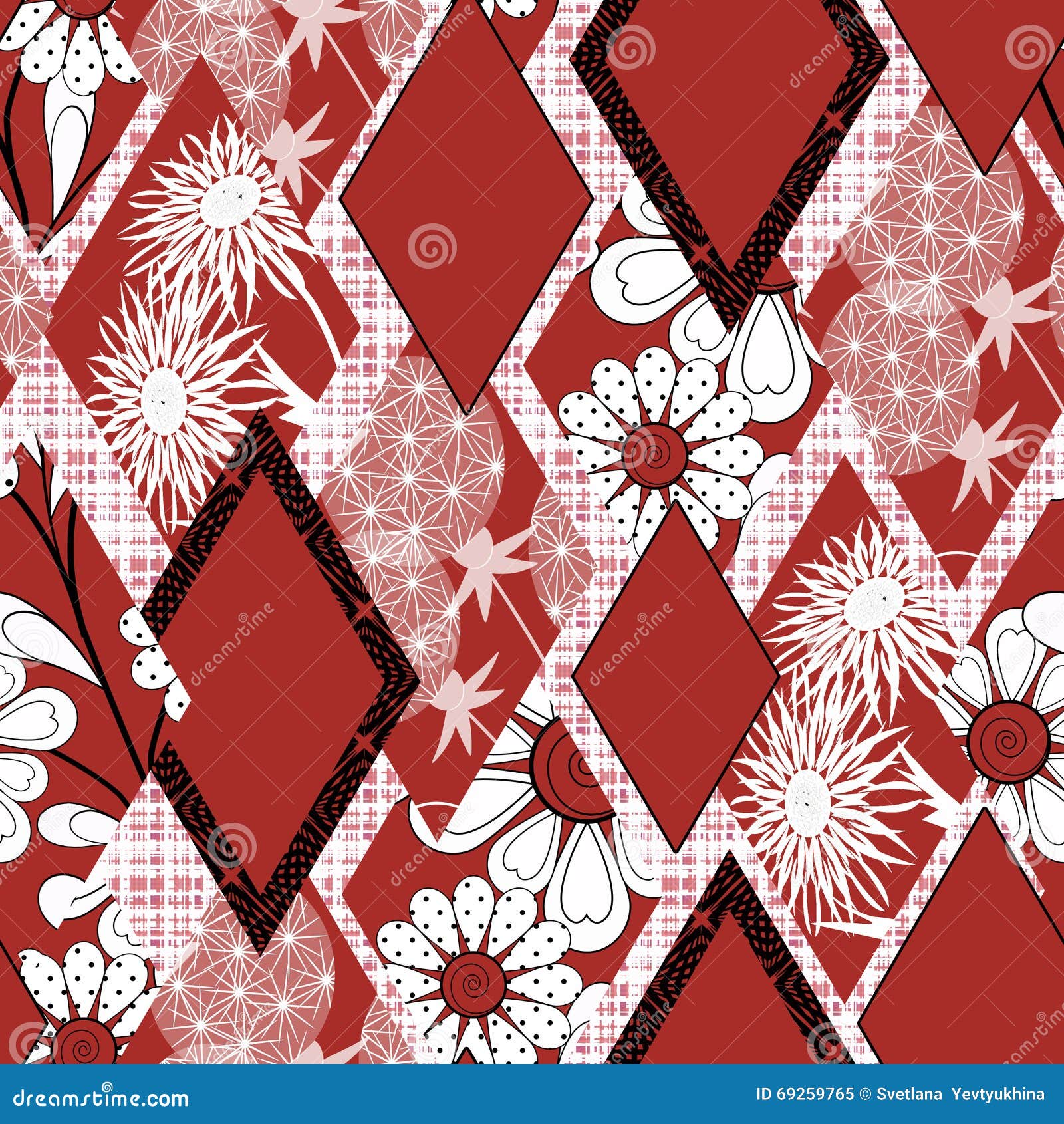 Patchwork Seamless Floral Pattern Red, White Background Stock Illustration - Illustration of ...