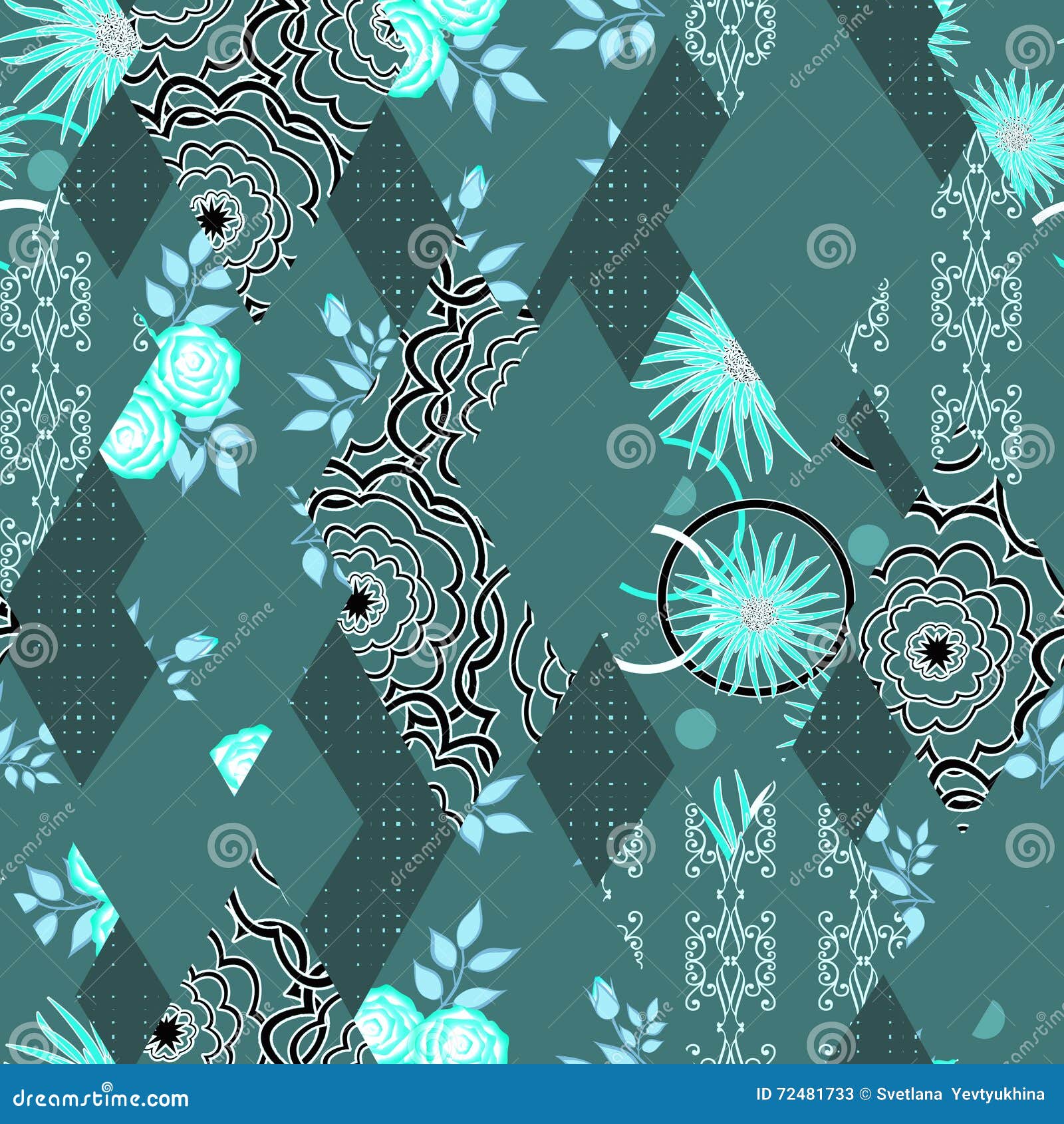 Patchwork Seamless Pattern Blue - Green Background. Stock Illustration ...