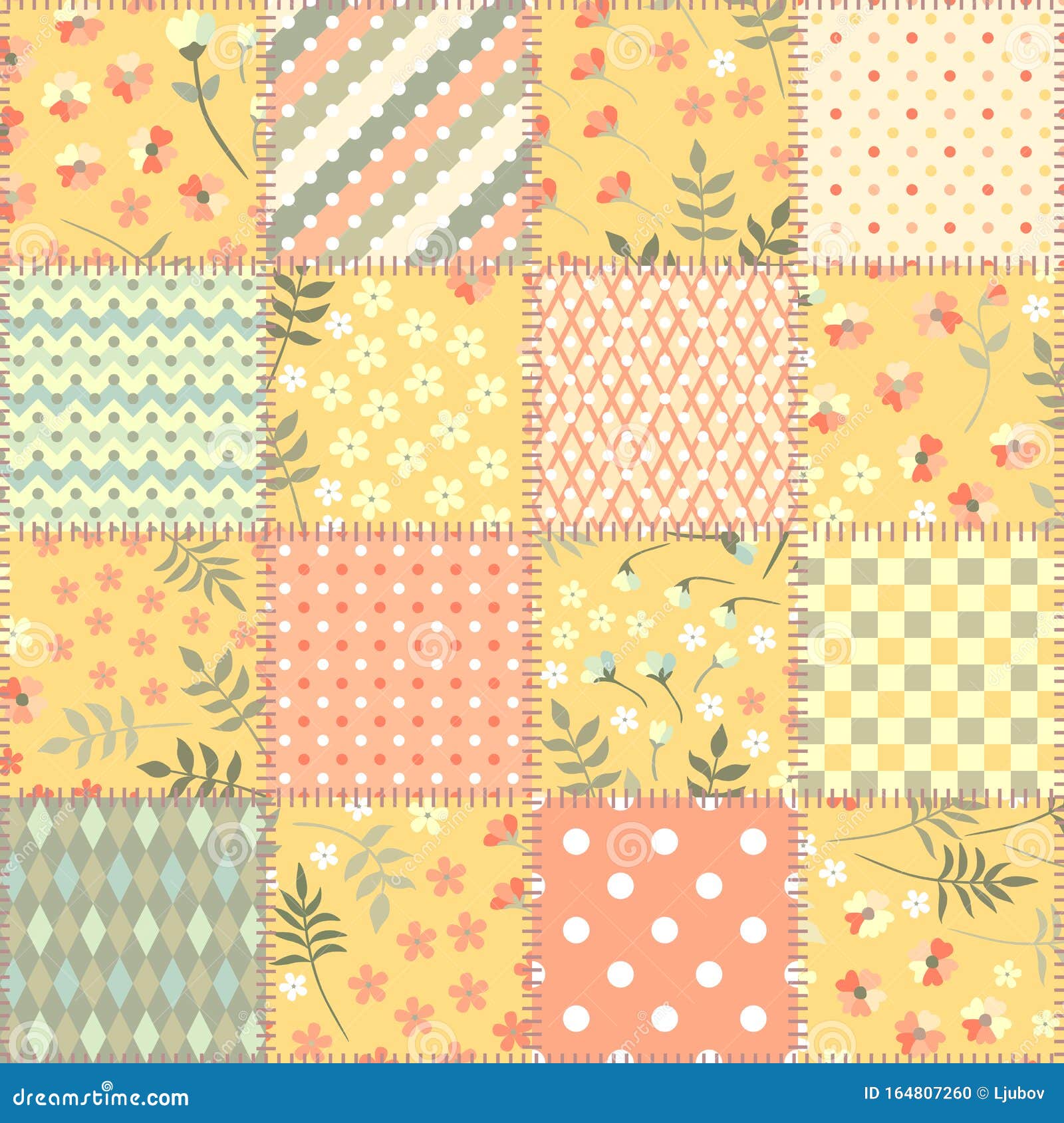 Patchwork Seamless Pattern with Floral and Geometric Ornaments in Warm Pastel Tones. Beautiful ...