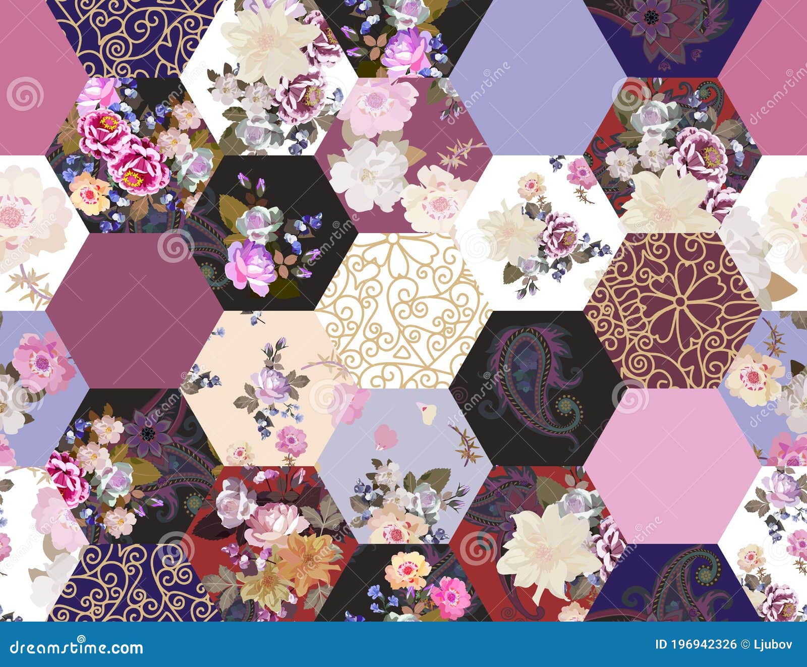 Patchwork Seamless Pattern from Hexagonal Patches with Floral Ornament ...