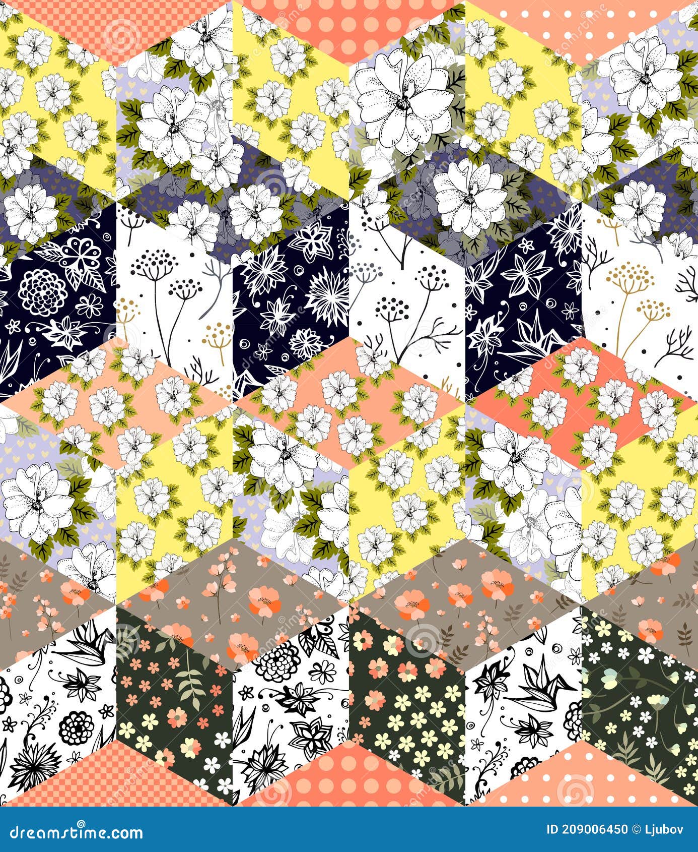 Patchwork Seamless Pattern From Patches With Flowers Quilt With Floral