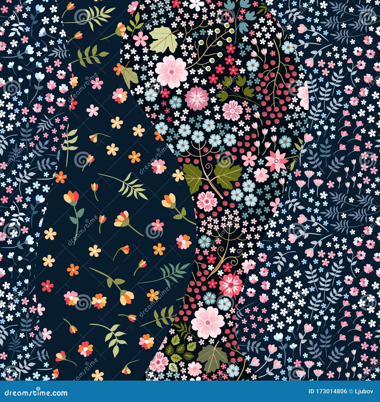 Patchwork Seamless Pattern Wavy Design From Floral Patches Stock