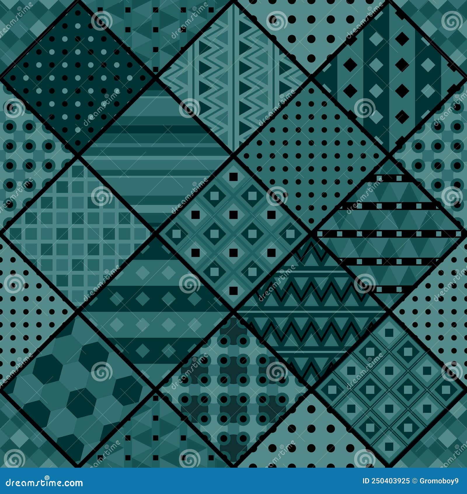 Patchwork with Square Geometric Patterns in Dark Colors. Vector Drawing ...