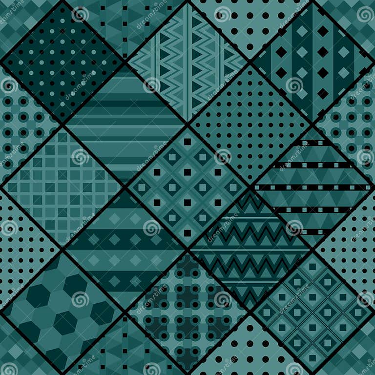 Patchwork with Square Geometric Patterns in Dark Colors. Vector Drawing ...