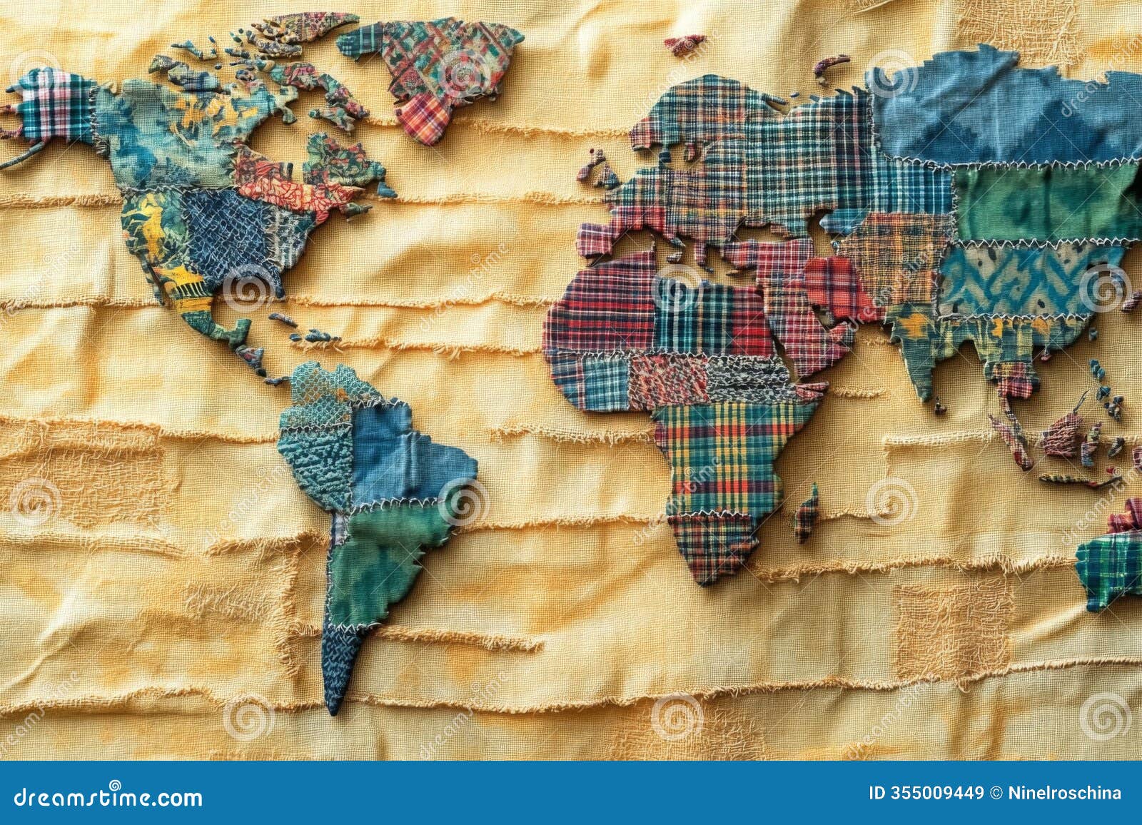 Patchwork Textile World Map Showcasing Vibrant Fabrics from Diverse ...