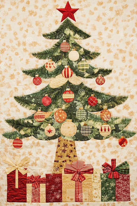 A Patchwork Tree Applique with Ornaments and Presents Underneath. Stock Illustration ...