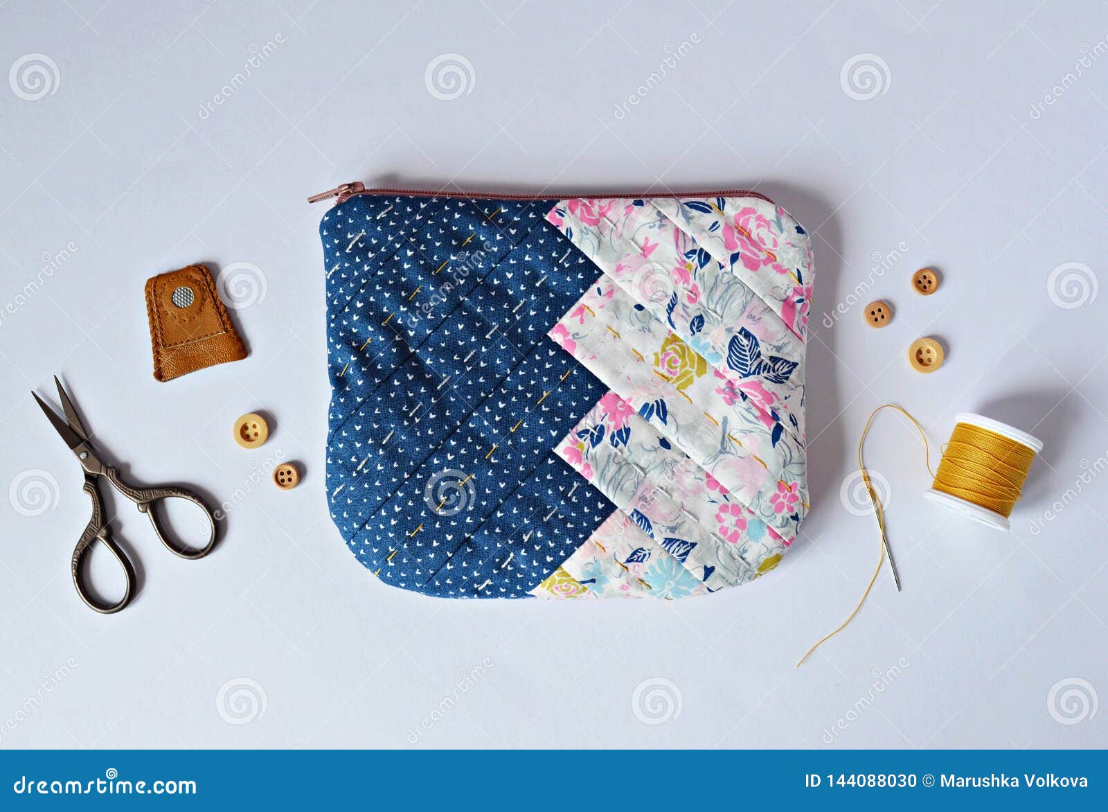 Patchwork Zipper Pouch with Hand Stitches, Thread, Scissors, Thimble ...